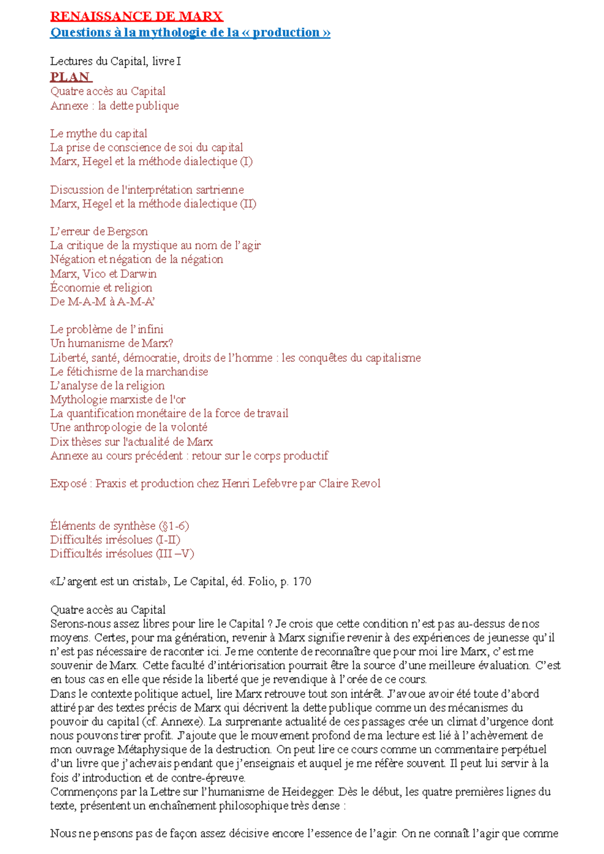 Renaissance de Marx - philosophy - RENAISSANCE DE MARX Questions à la ...