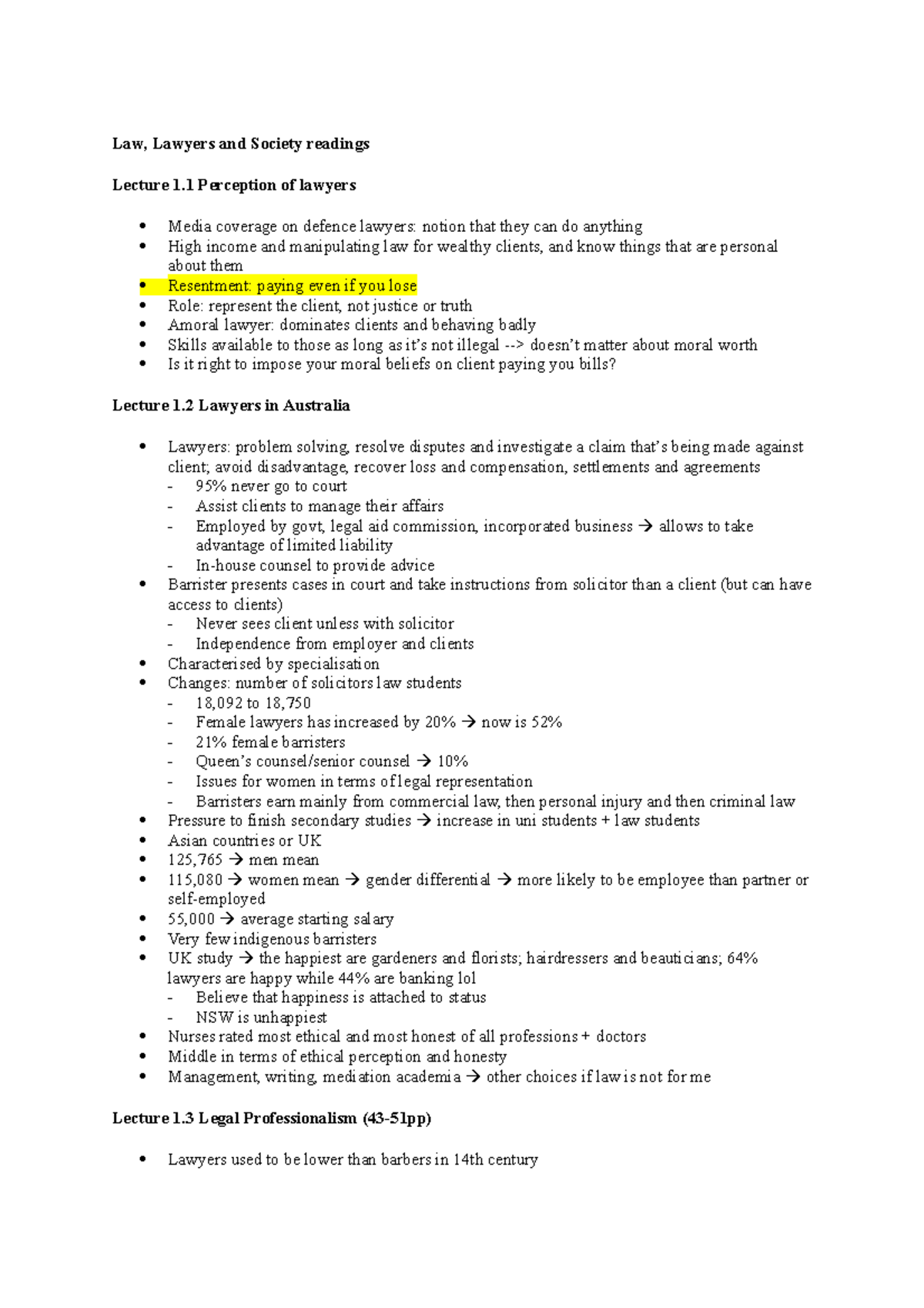 LAW Lectures - Law, Lawyers and Society readings Lecture 1 Perception ...