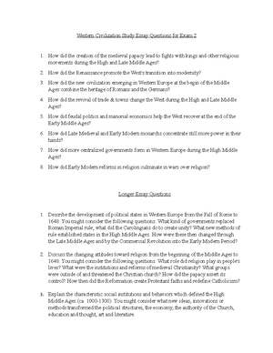 Exam 1 Practice Questions - Western Civilization Study Essay Questions ...