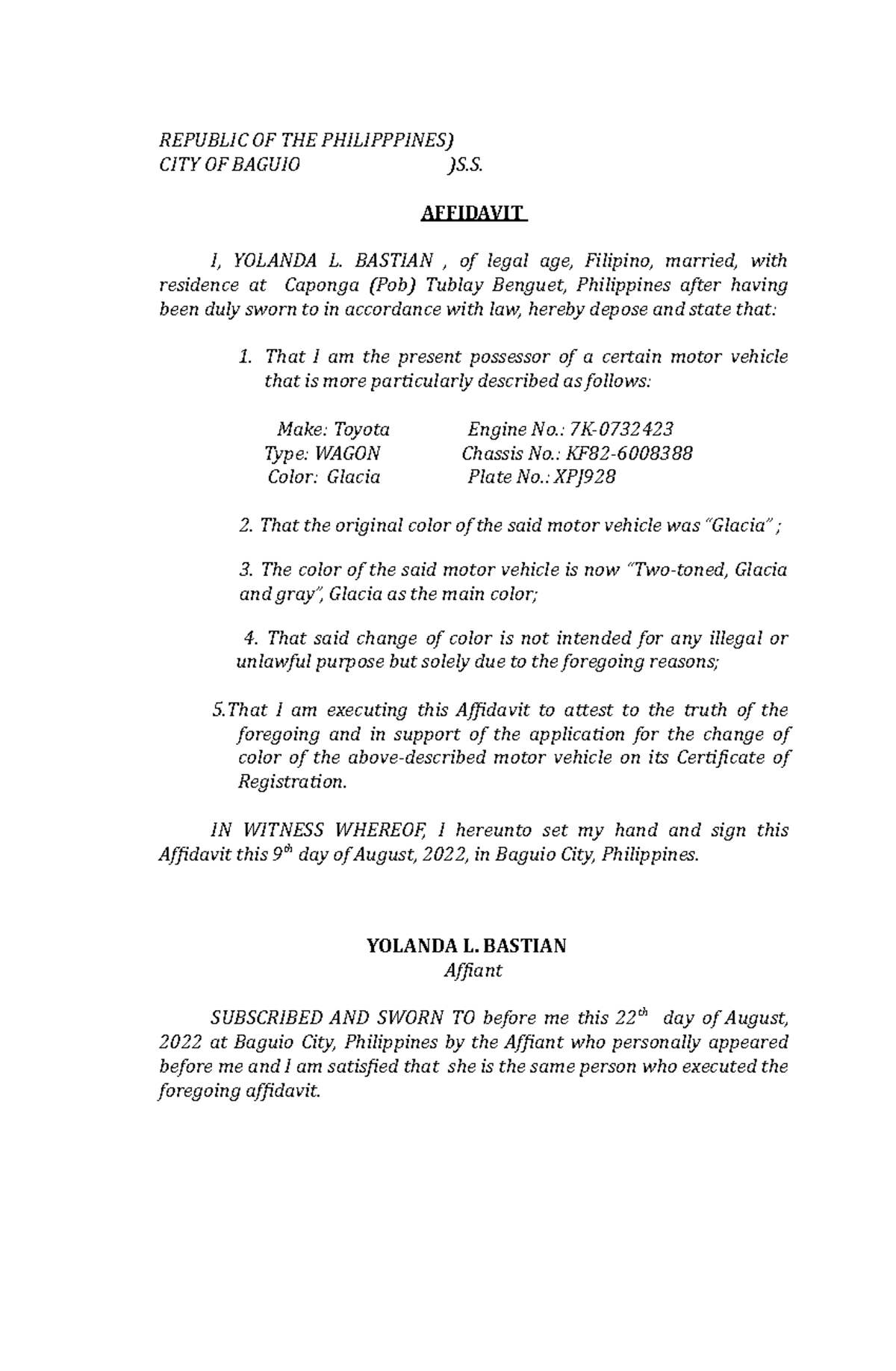 Affidavit of Change Color aaron - REPUBLIC OF THE PHILIPPPINES) CITY OF ...