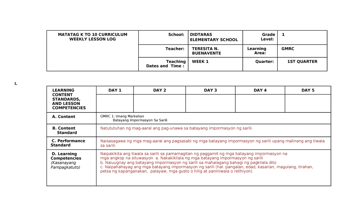 LE GMRC 1 Q1 Week 1 finalized - MATATAG K TO 10 CURRICULUM WEEKLY ...