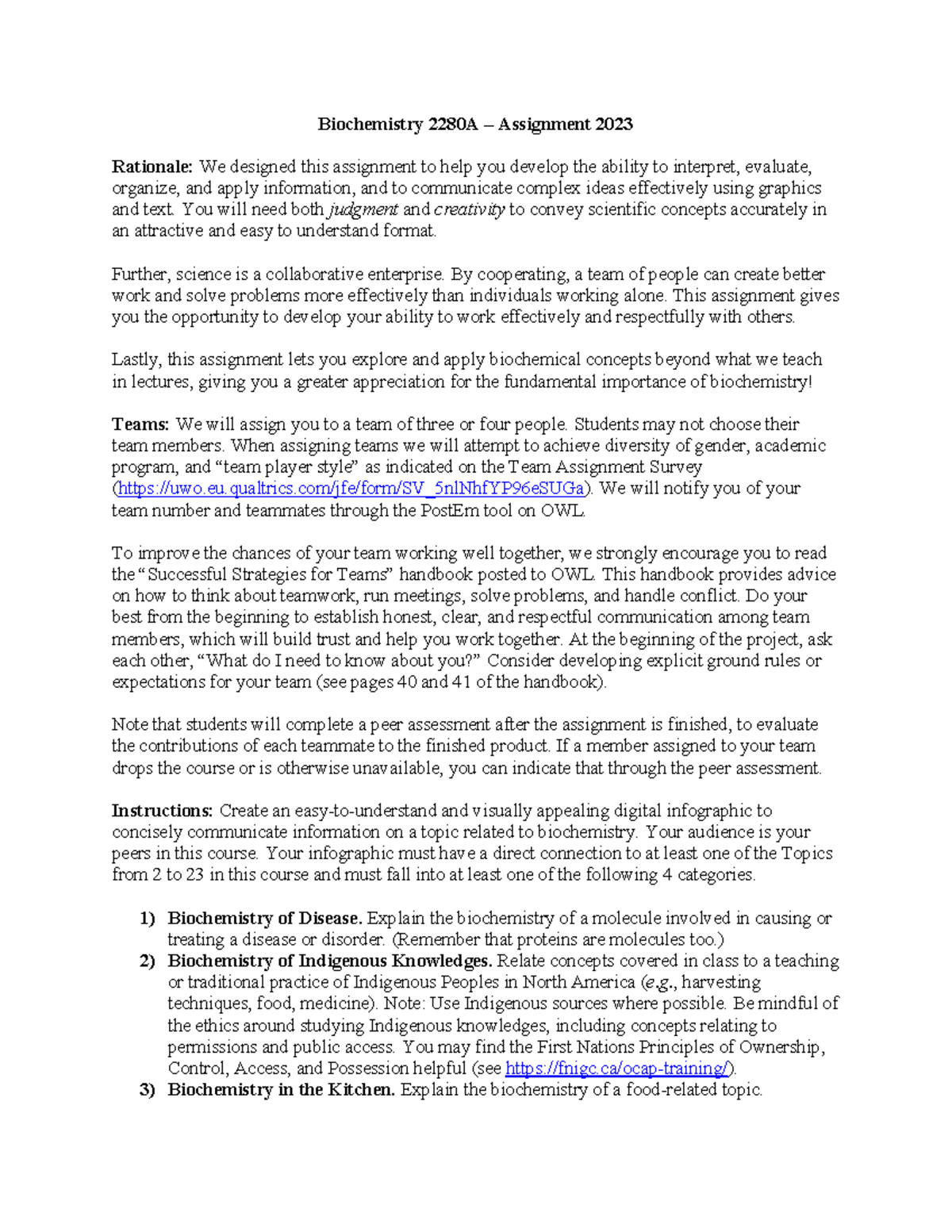 Biochem assignment - Useful - Biochemistry 2280A – Assignment 2023 ...