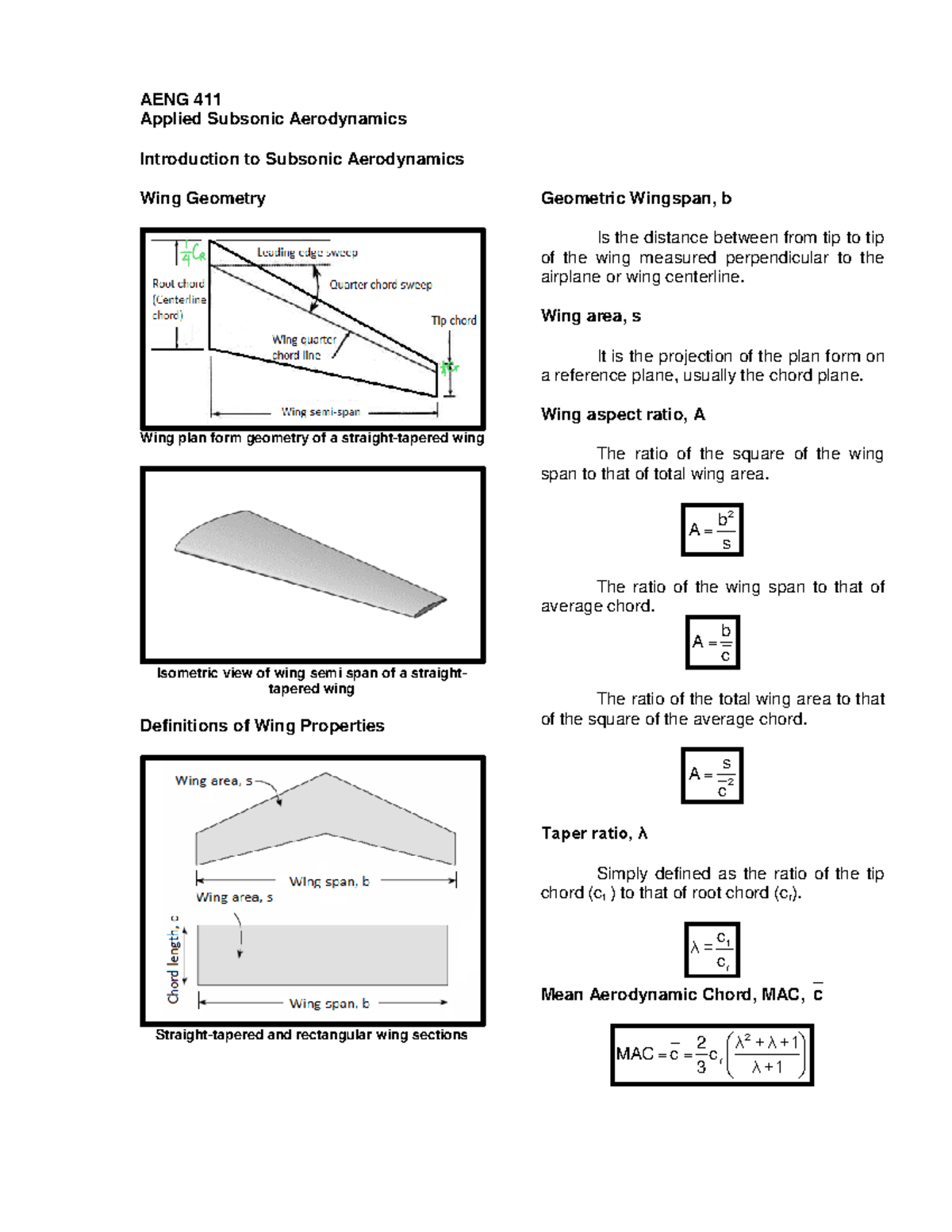 AENG 315 Week 1 Lecture - AENG 411 Applied Subsonic Aerodynamics ...