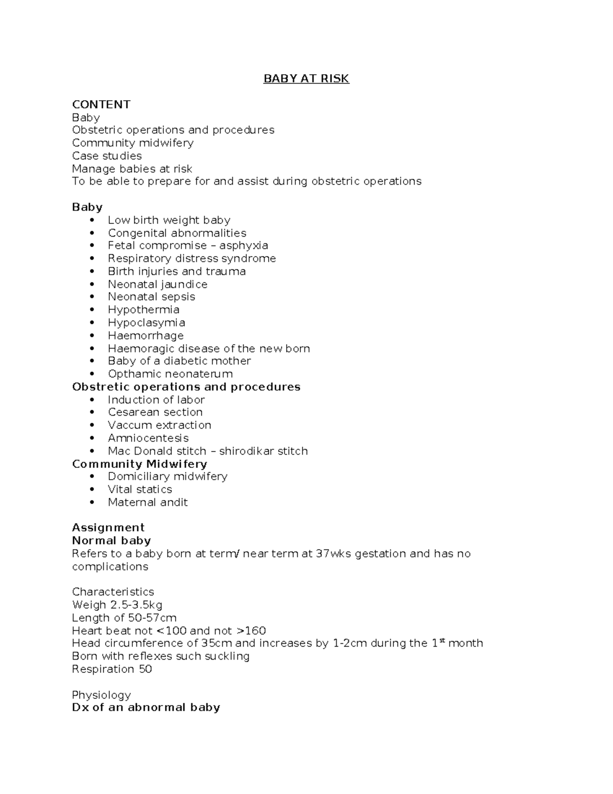 BABY AT RISK - BABY AT RISK CONTENT Baby Obstetric operations and ...