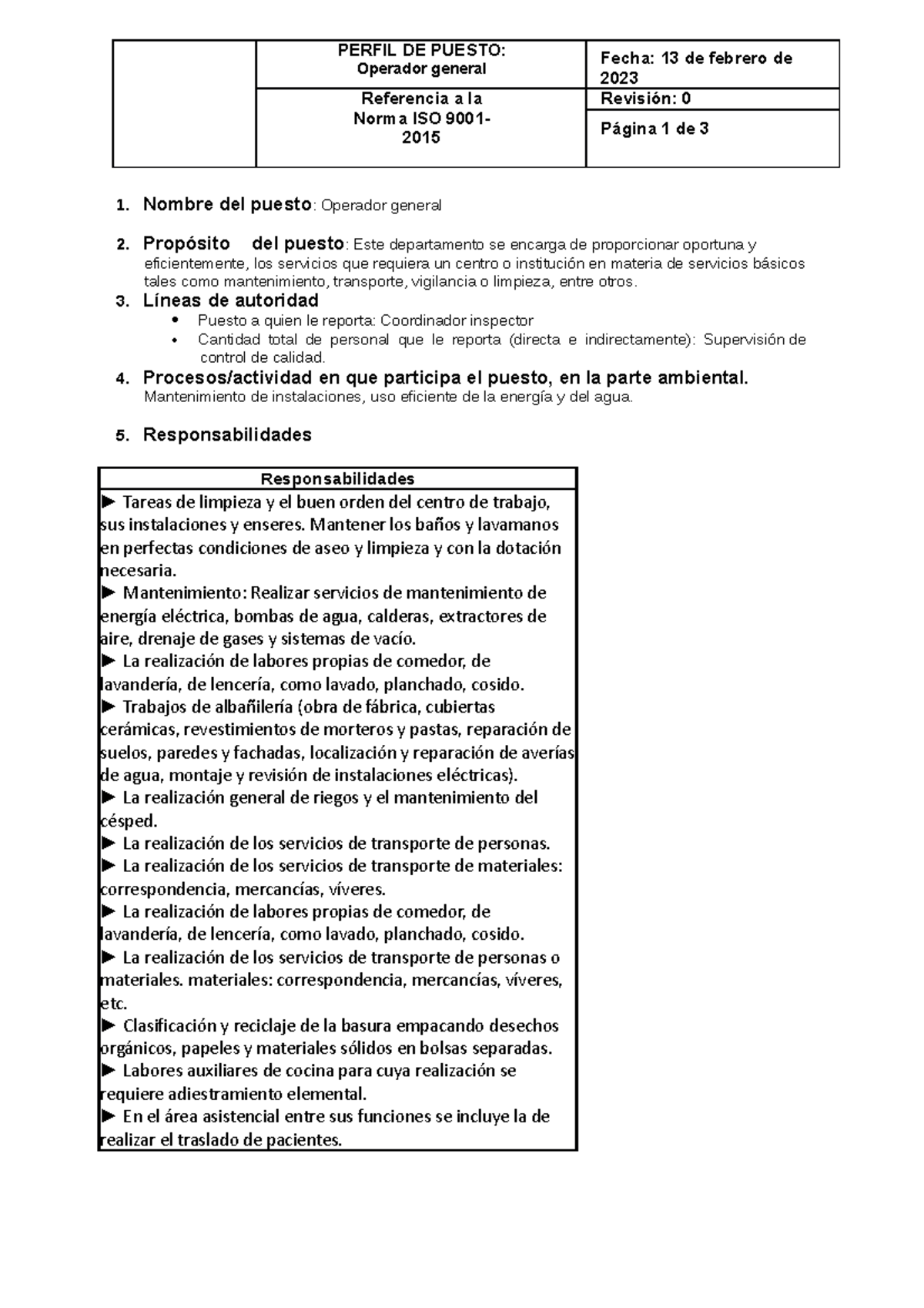 Perfil de Operador general - PERFIL DE PUESTO: Operador general Fecha ...
