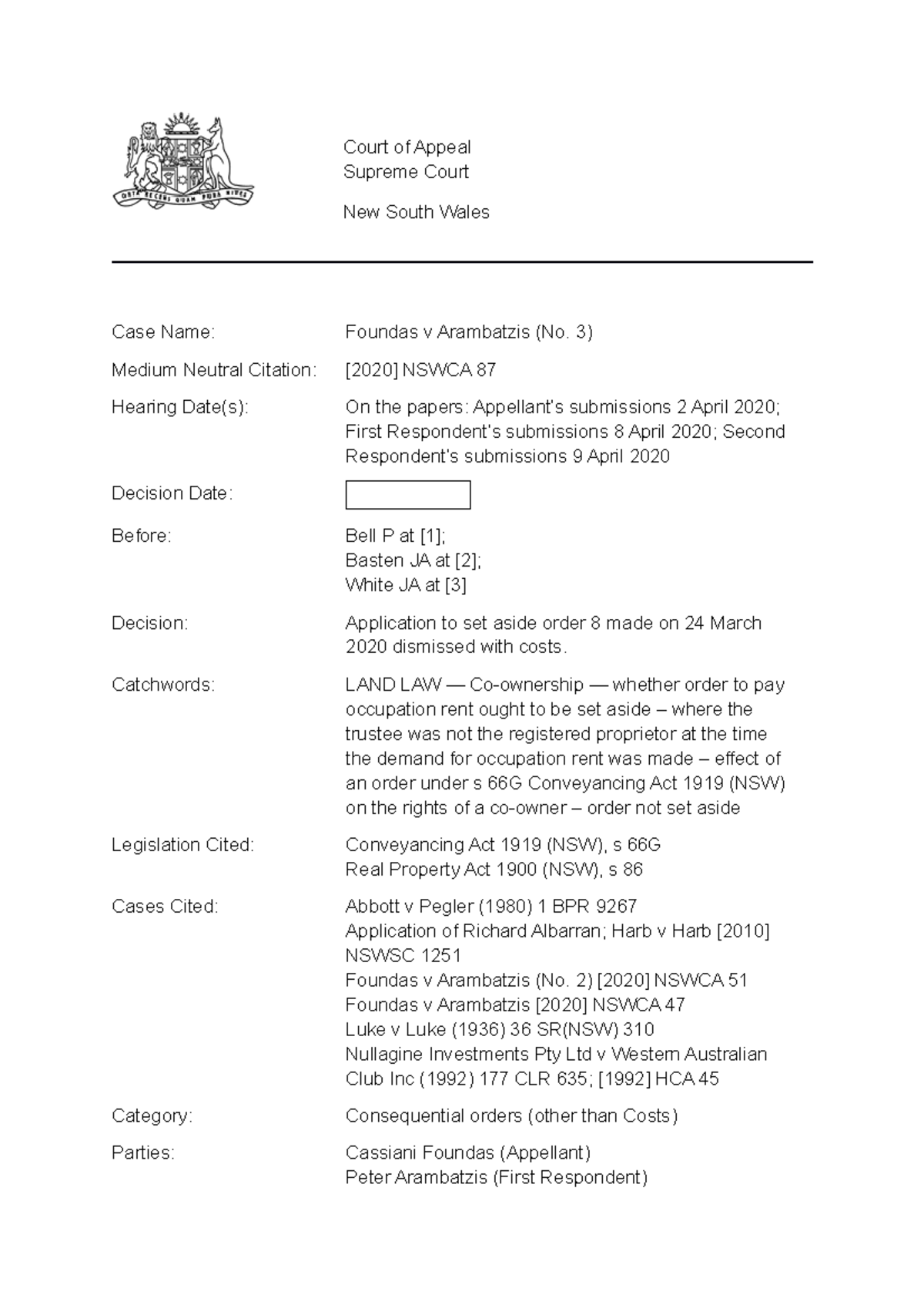 Summary [2020] Nswca 87 - Court of Appeal Supreme Court New South Wales ...