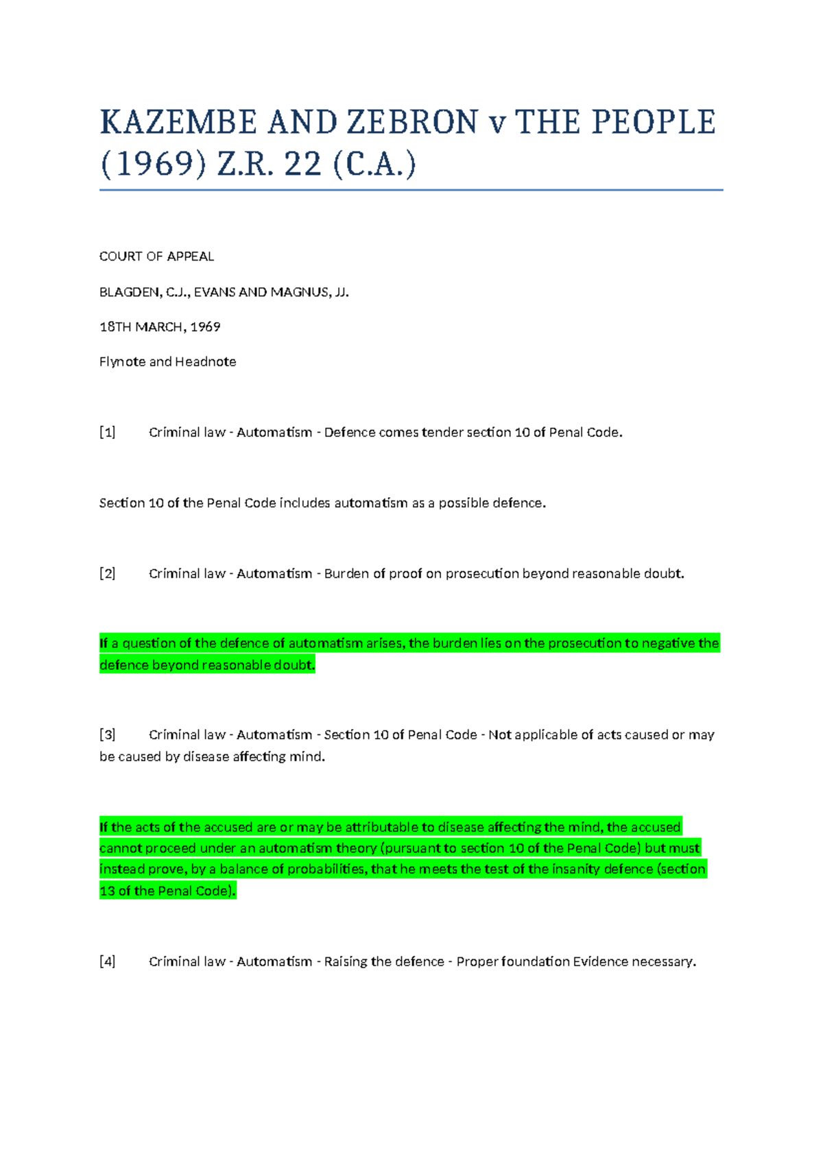 Kazembe AND Zebron v THE People - KAZEMBE AND ZEBRON v THE PEOPLE (1969 ...