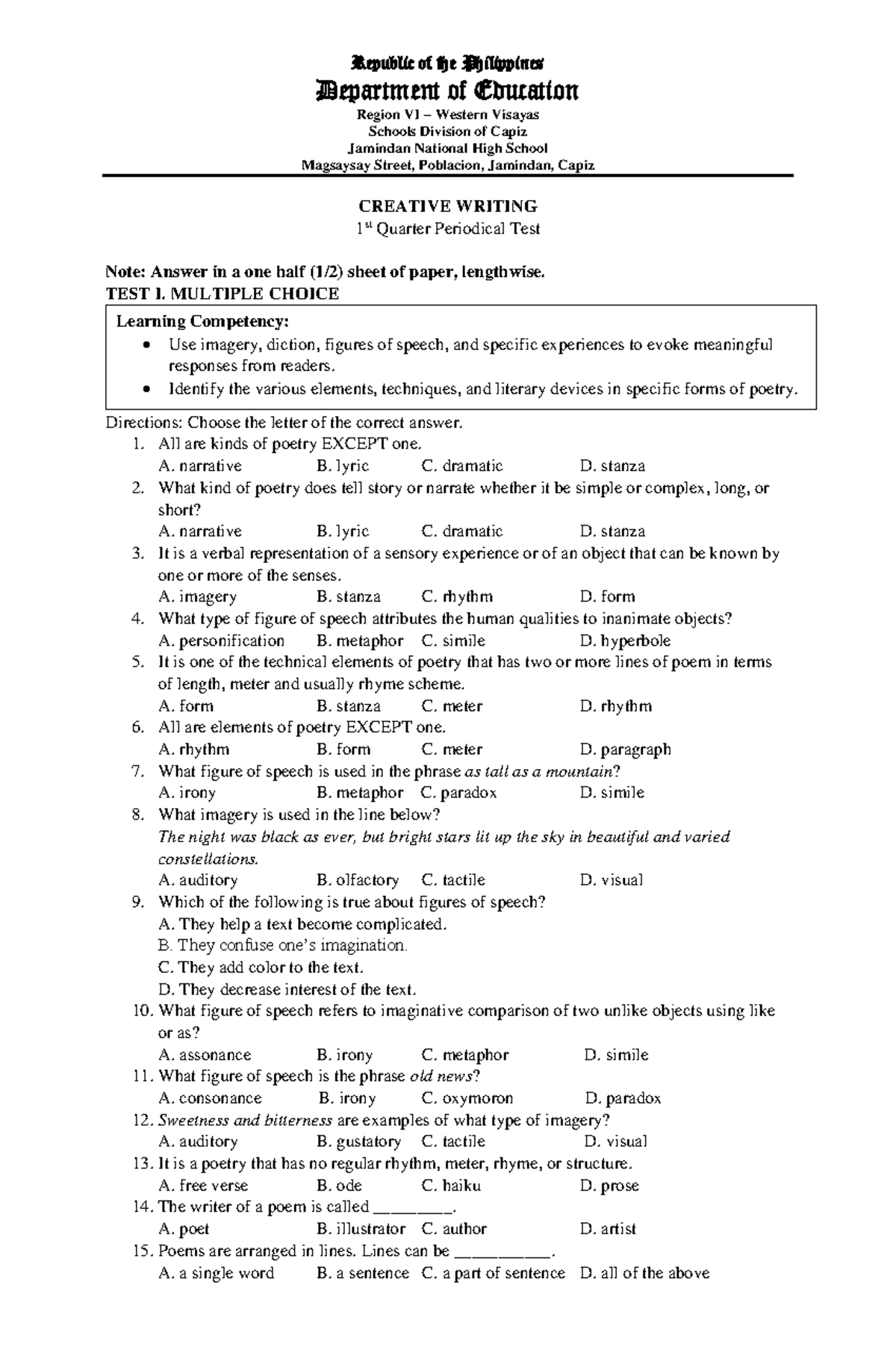 1st Quarter Periodical Test Compilation 1st Quarter P Vrogue co