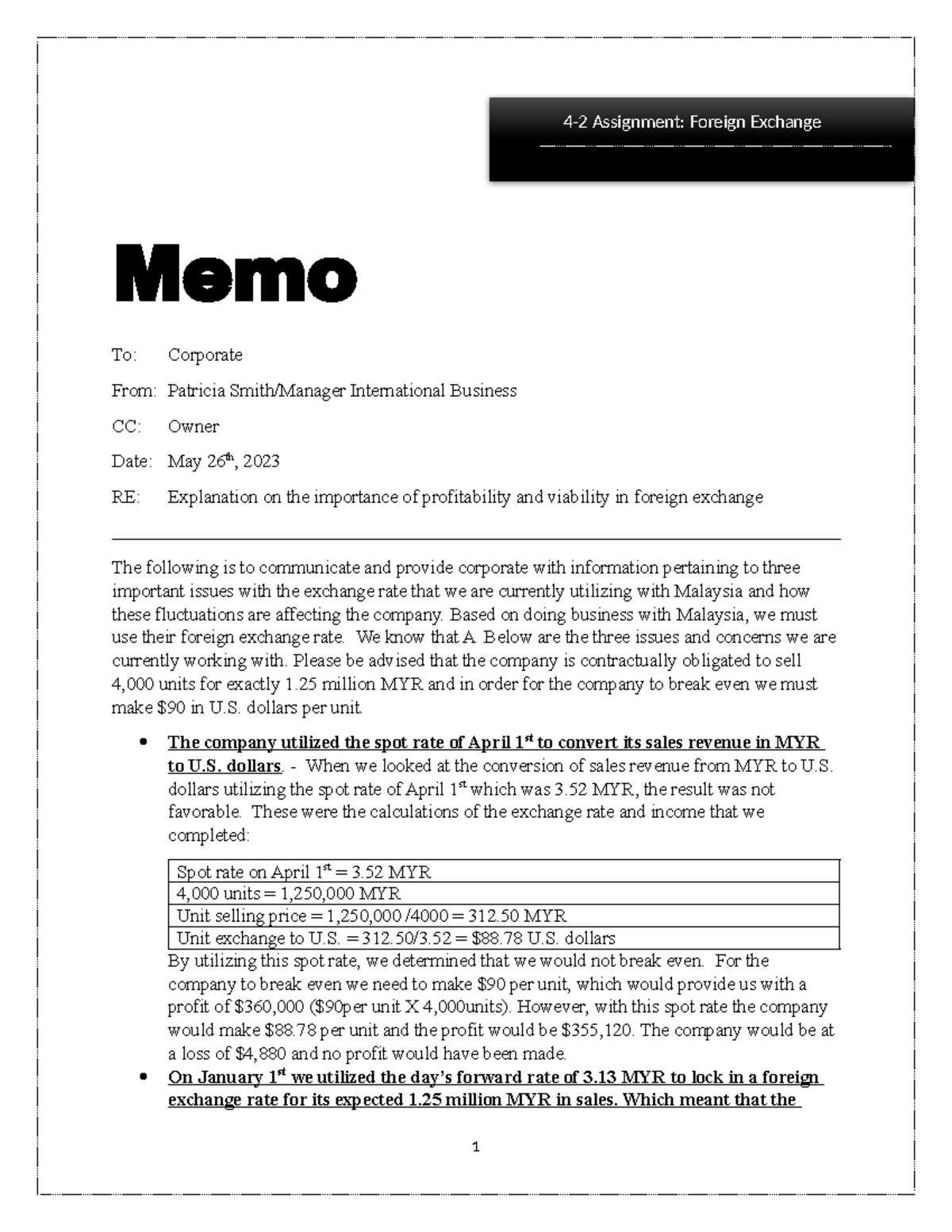 4-2 Assignment Foreign Exchange - Memo To: Corporate From: Patricia ...