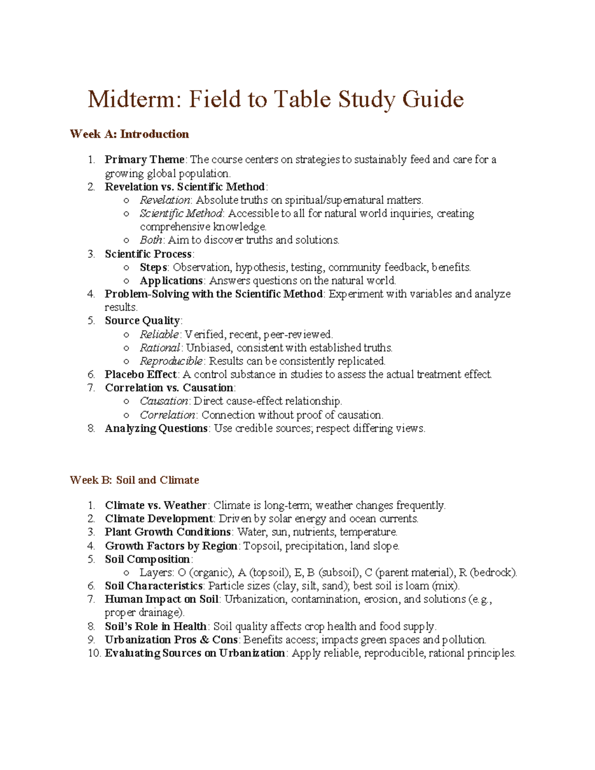 Midterm Field to Table Study Guide - Completed - GESCI 110 - BYU-Idaho - Studocu