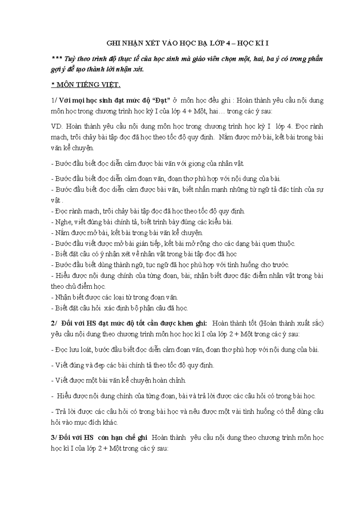Cach ghi nhan xet hoc ba lop 4 theo thong tu 27 - GHI NHẬN XÉT VÀO HỌC ...