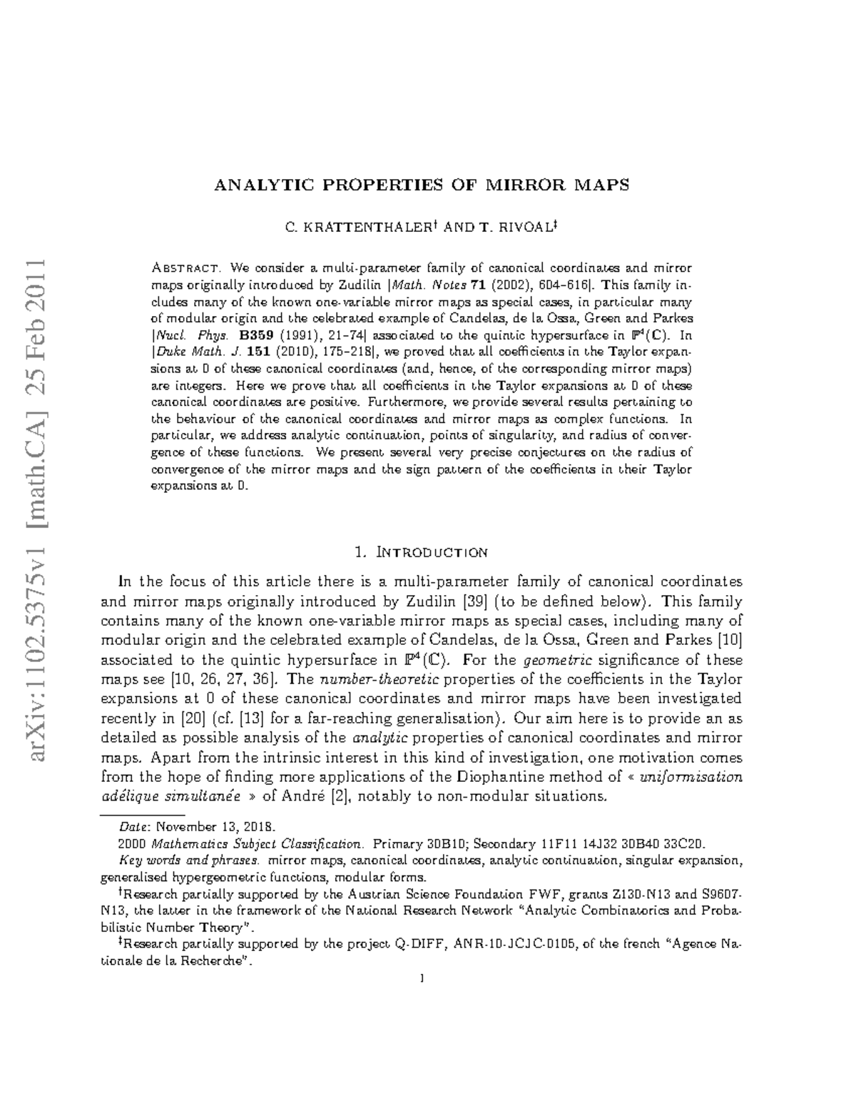 1102 - Cours - arXiv:1102 [math] 25 Feb 2011 ANALYTIC PROPERTIES OF ...