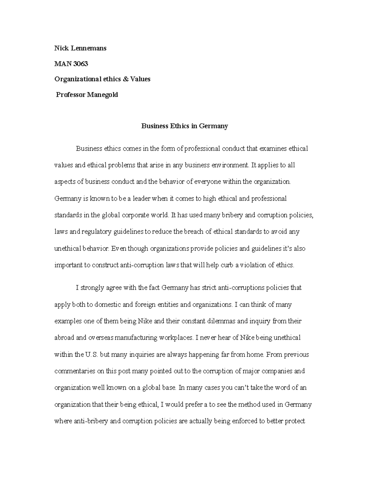 Business Ethics in Germany - Nick Lennemans MAN 3063 Organizational ...