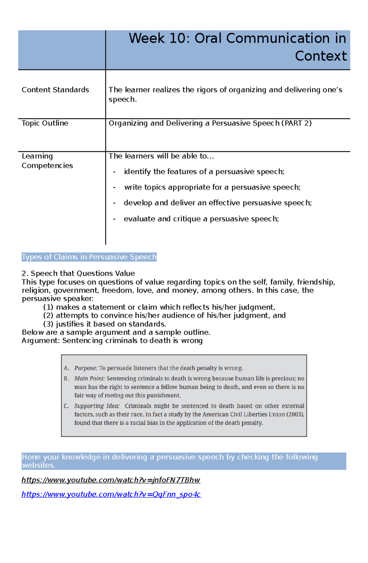 Oral Communication, Week 10 - Week 10: Oral Communication in Context ...