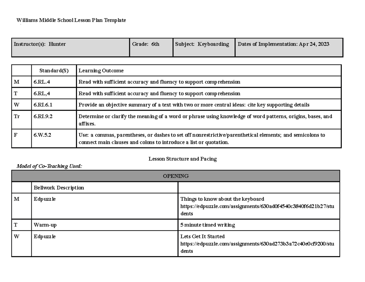 04 24 23 - 04 28 23 Keyboarding WMS Weekly Lesson Plan - Williams ...