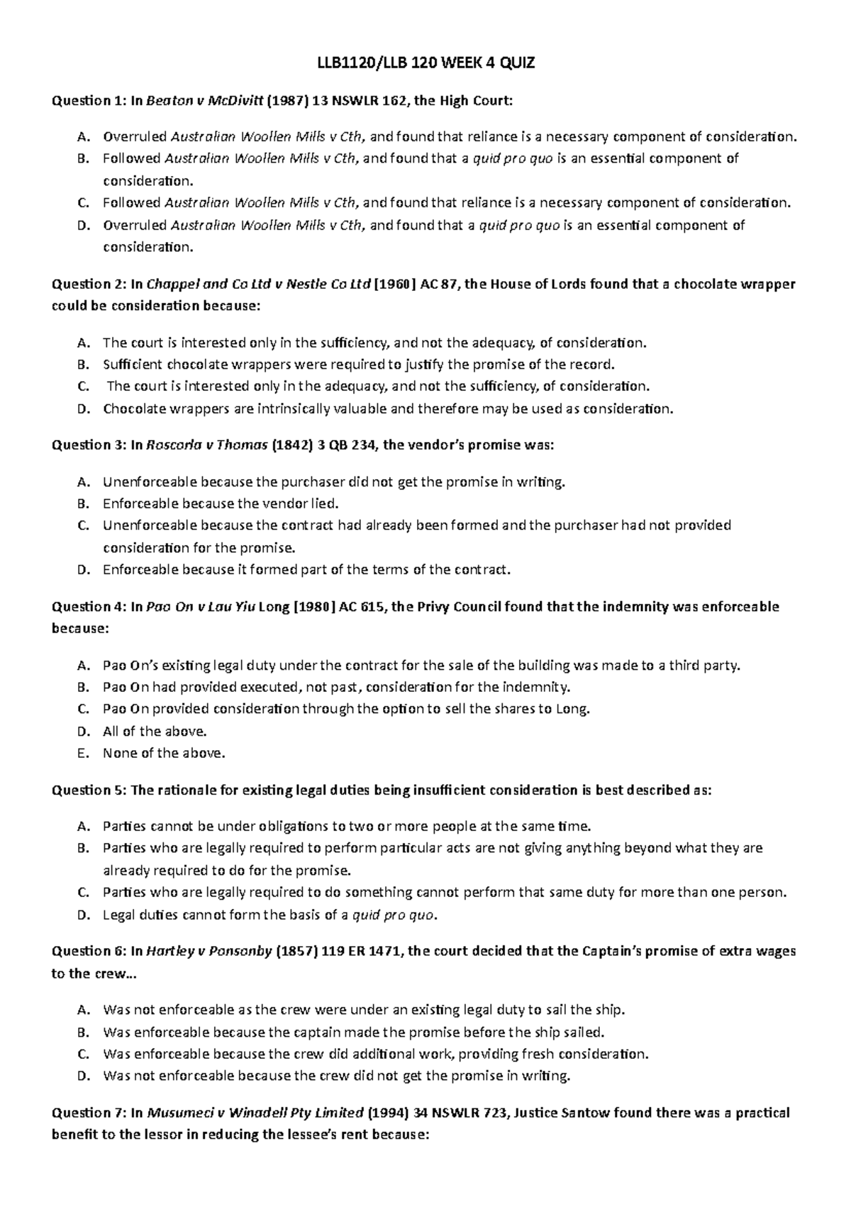 2021 Week 9 Quiz Contracts - LLB1120/LLB 120 WEEK 4 QUIZ Question 1: In ...