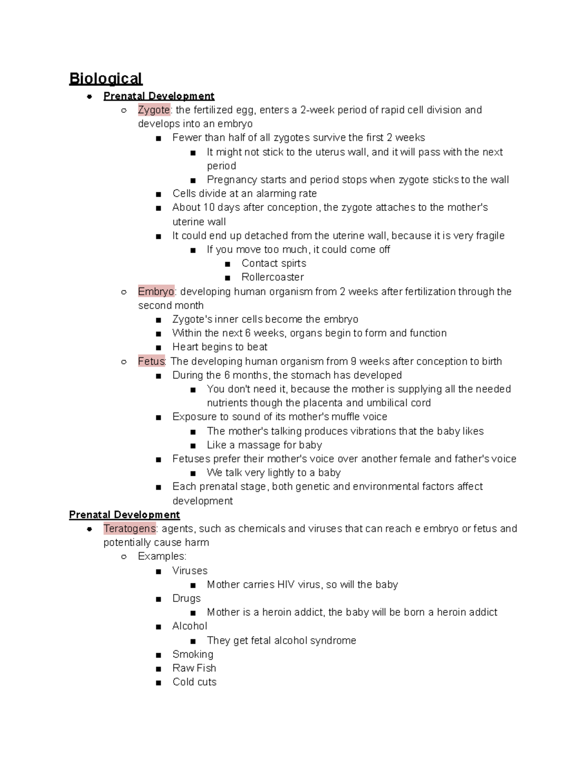Unit 9 - Developmental Psychology - Biological Prenatal Development ...