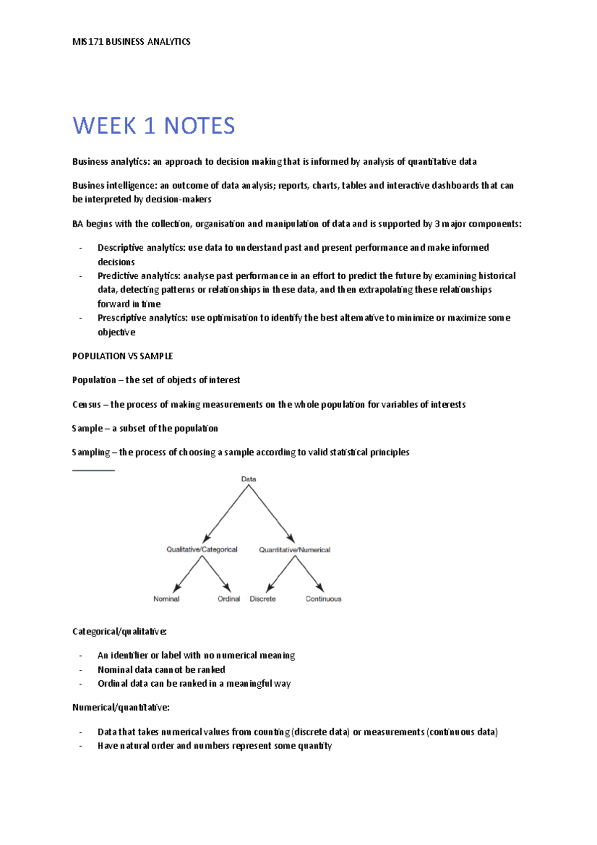 Business analytics week 1 notes - MIS171 BUSINESS ANALYTICS WEEK 1 ...