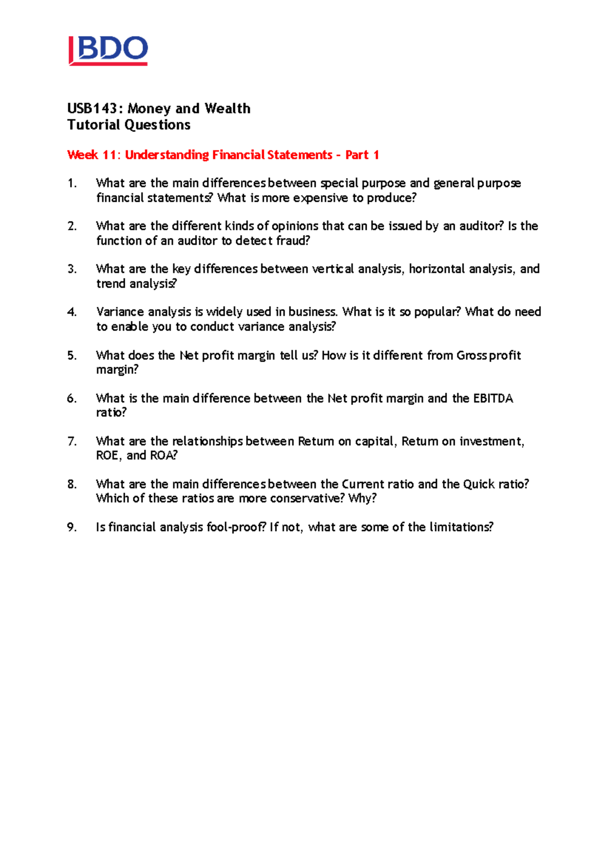 USB143 Tutorial 11 Questions - USB143: Money and Wealth Tutorial ...