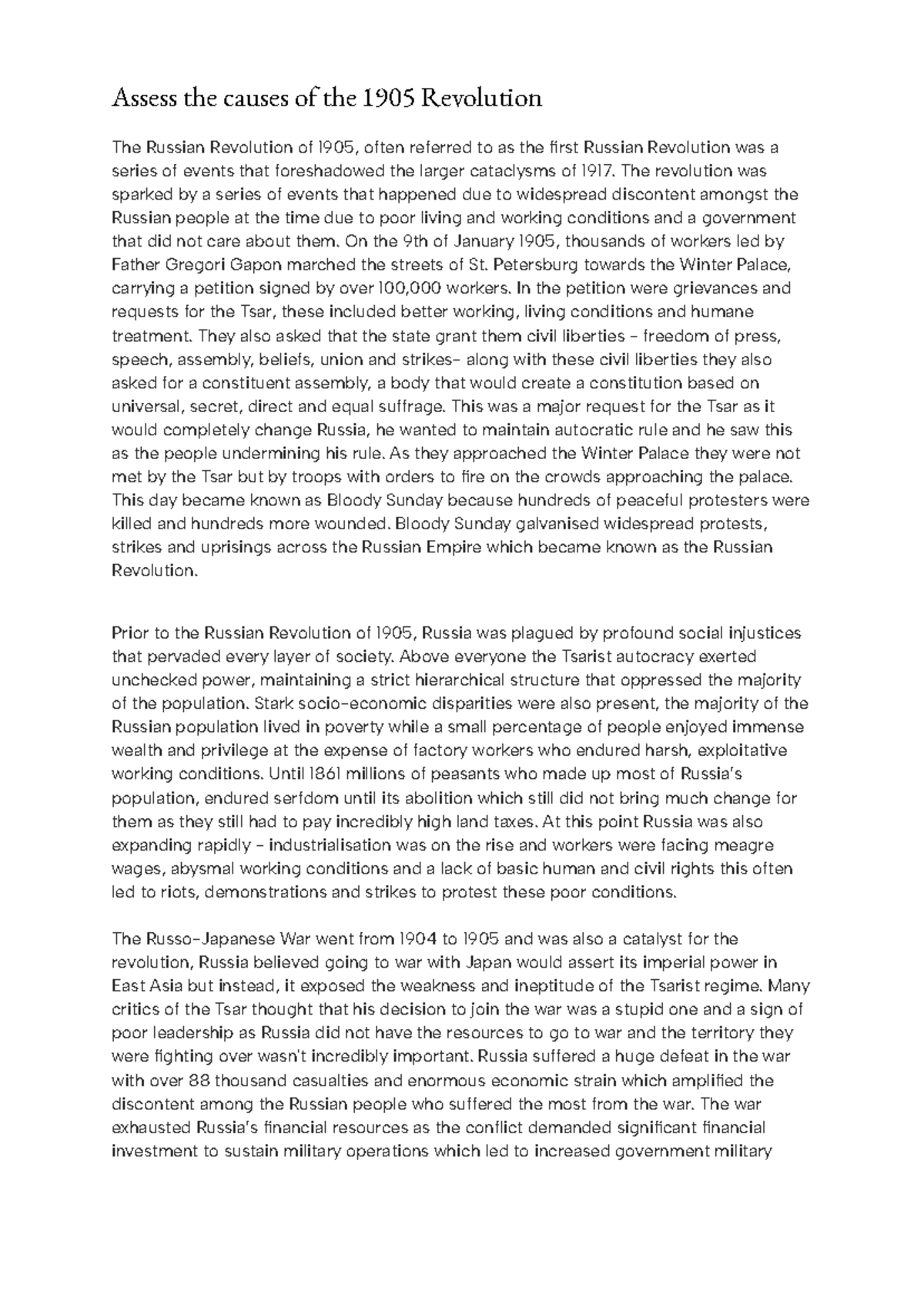History assesemnt task 1 - Assess the causes of the 1905 Revolution The ...
