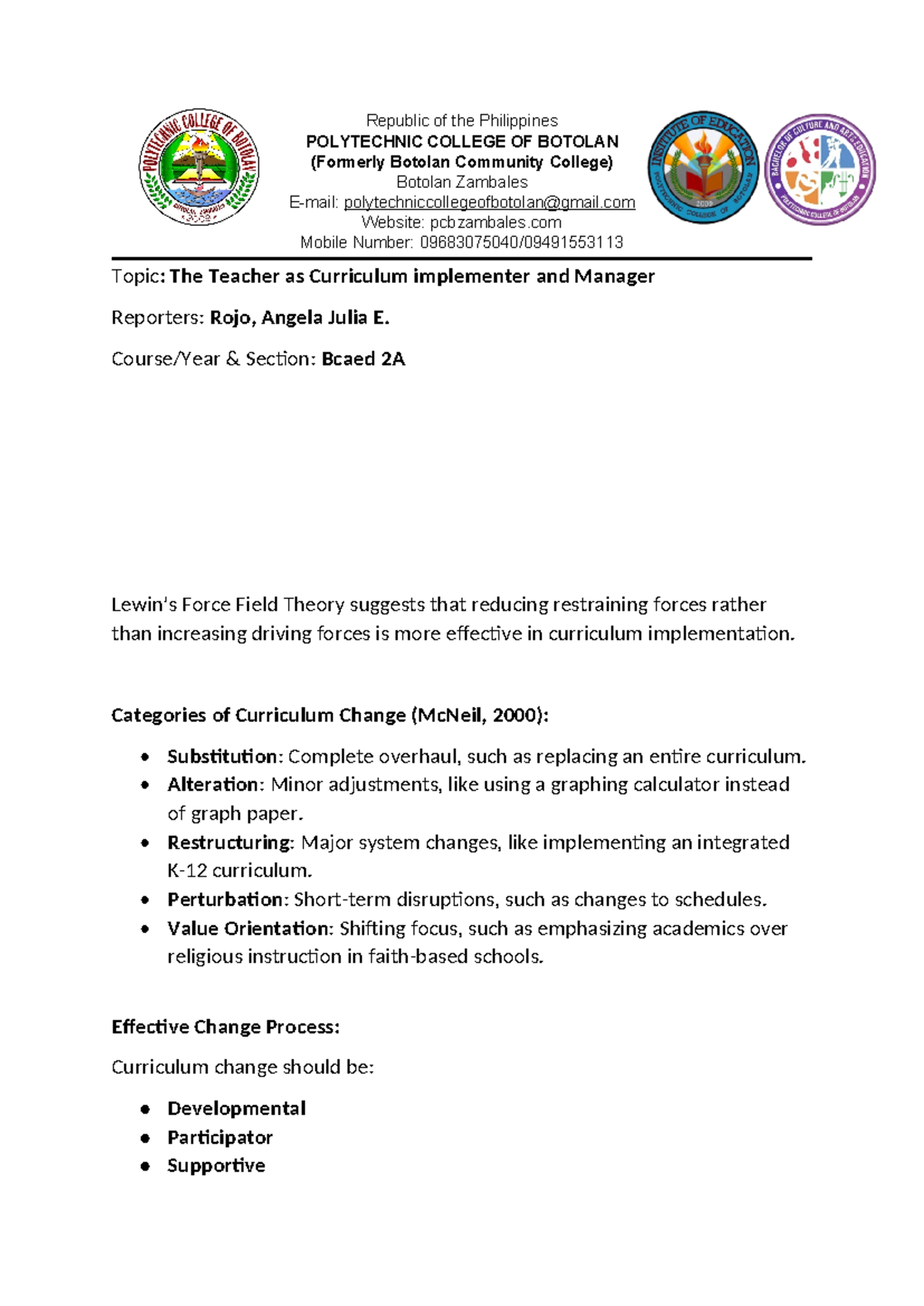 The Teacher as Curriculum implementer and Manager - Republic of the Philippines POLYTECHNIC ...