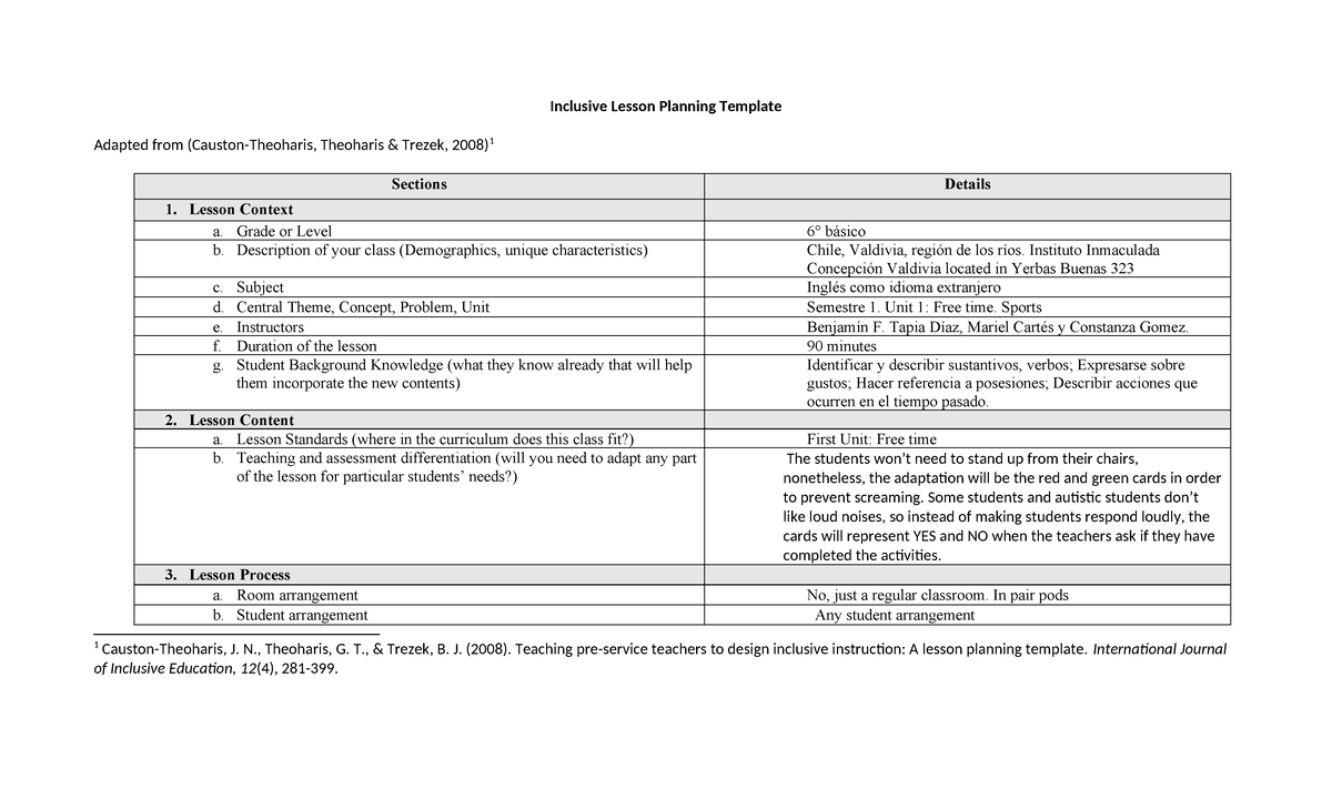 Inclusive Lesson Planning Appendix - Inclusive Lesson Planning Template ...