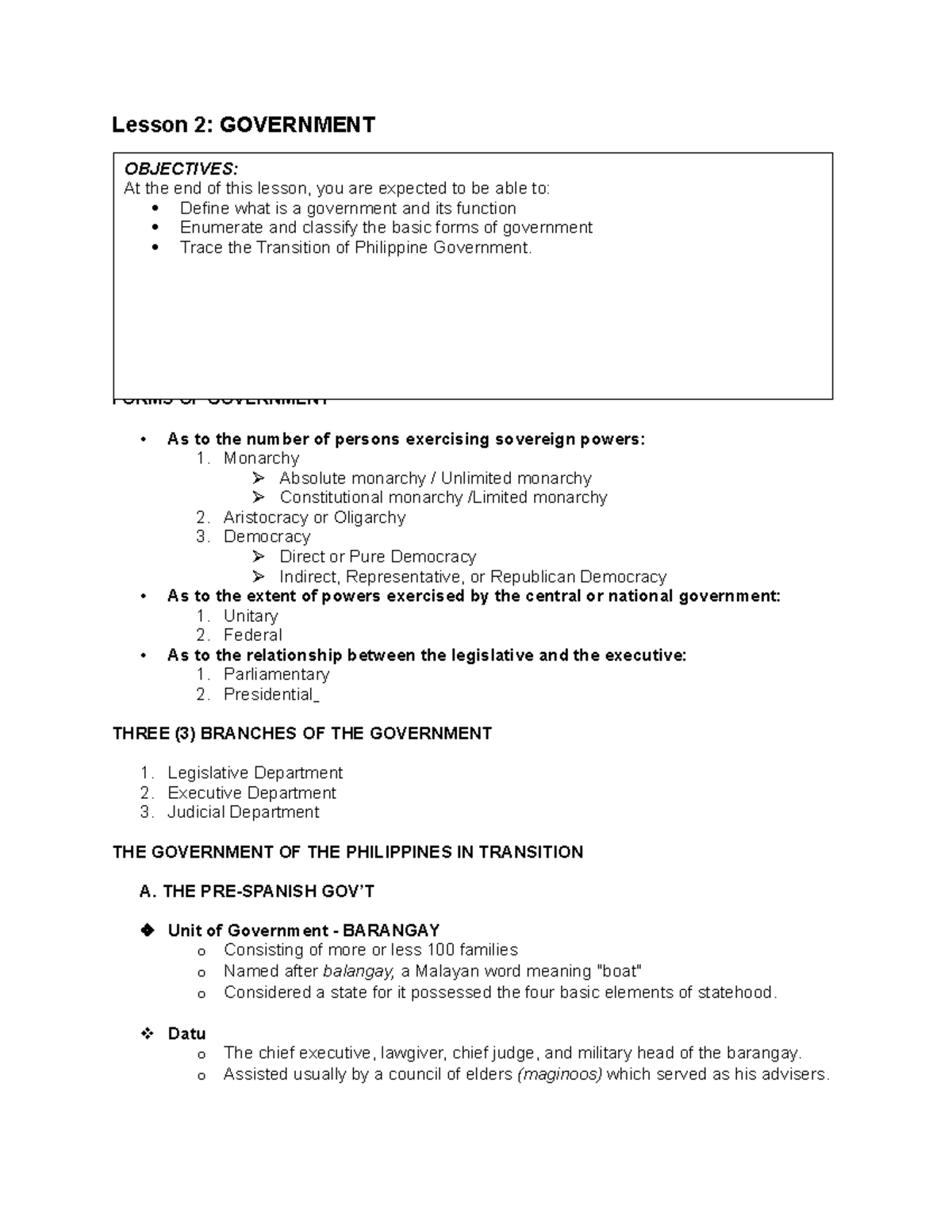 Lesson 2 - POLITICS AND GOVERNANCE - Lesson 2: GOVERNMENT WHAT IS A ...