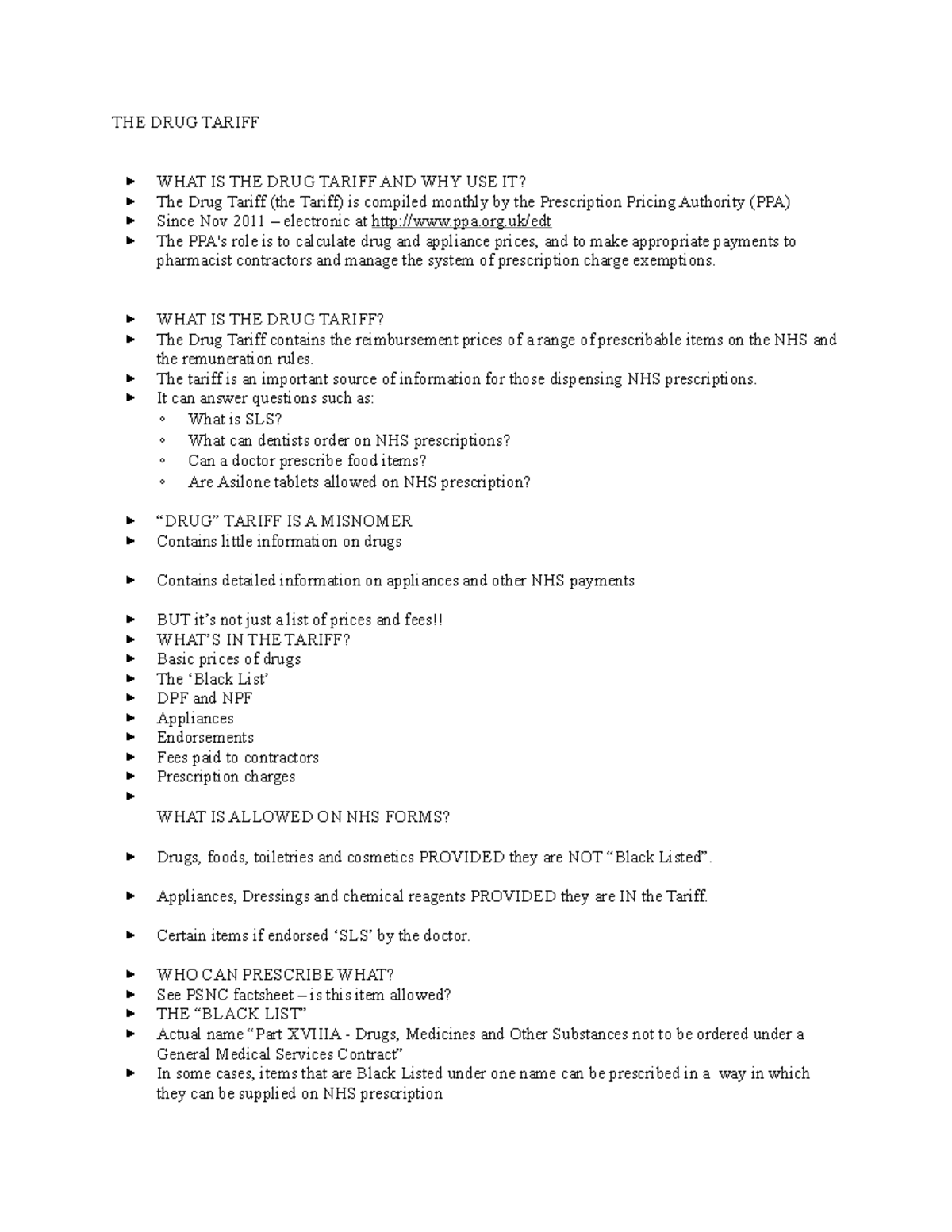 THE DRUG Tariff - Summary - THE DRUG TARIFF WHAT IS THE DRUG TARIFF AND ...