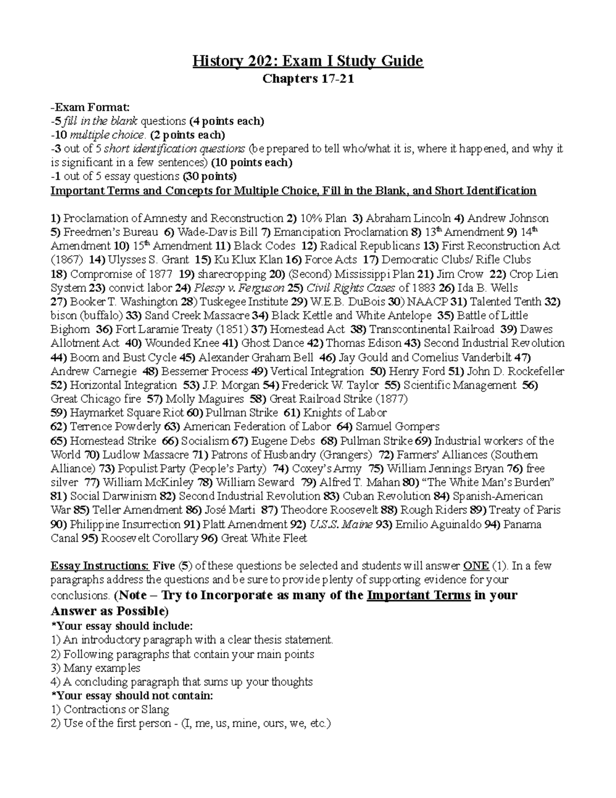 HIS 202 Exam I-study guide(FA20) - History 202: Exam I Study Guide ...