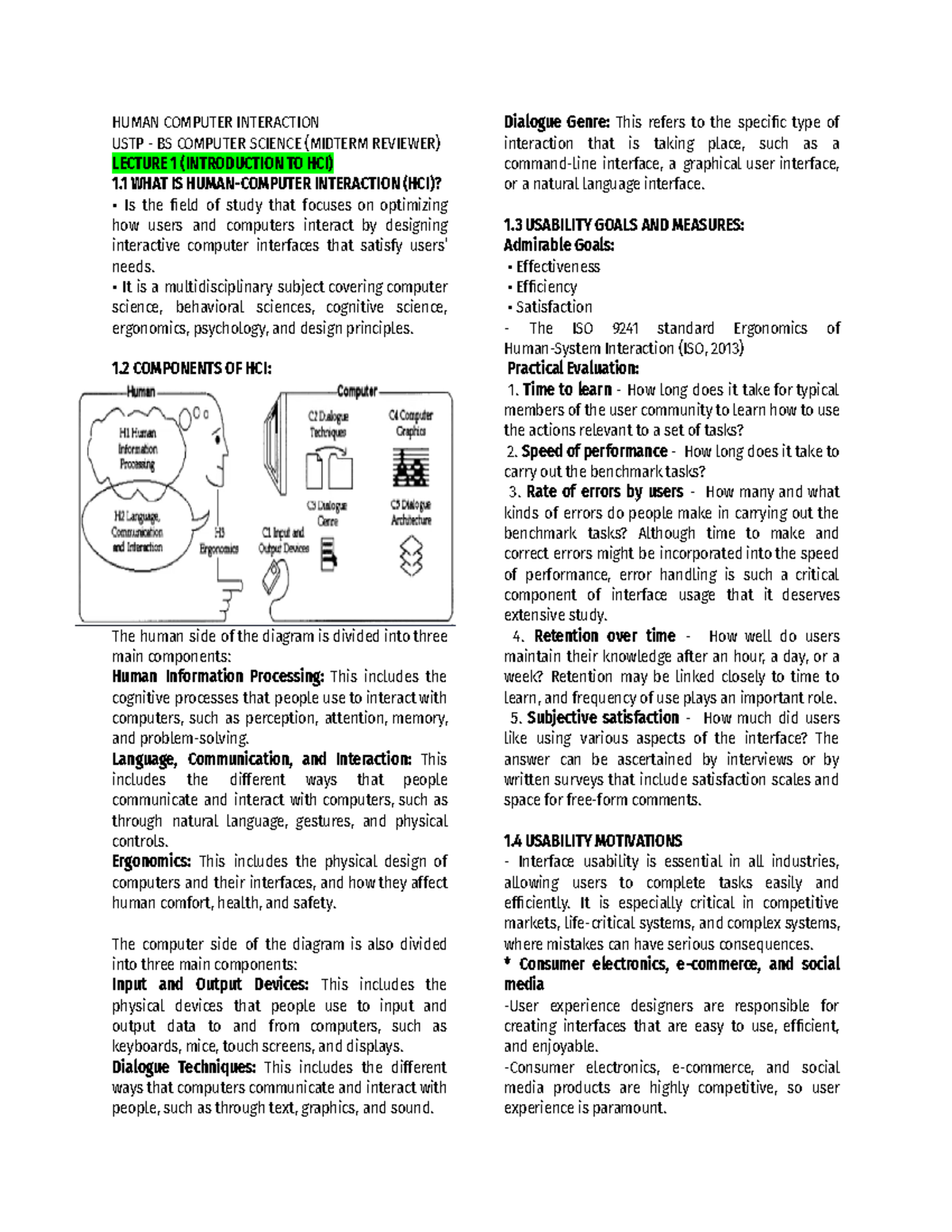 HCI Midterm Reviewer - nah - HUMAN COMPUTER INTERACTION USTP - BS COMPUTER SCIENCE (MIDTERM ...