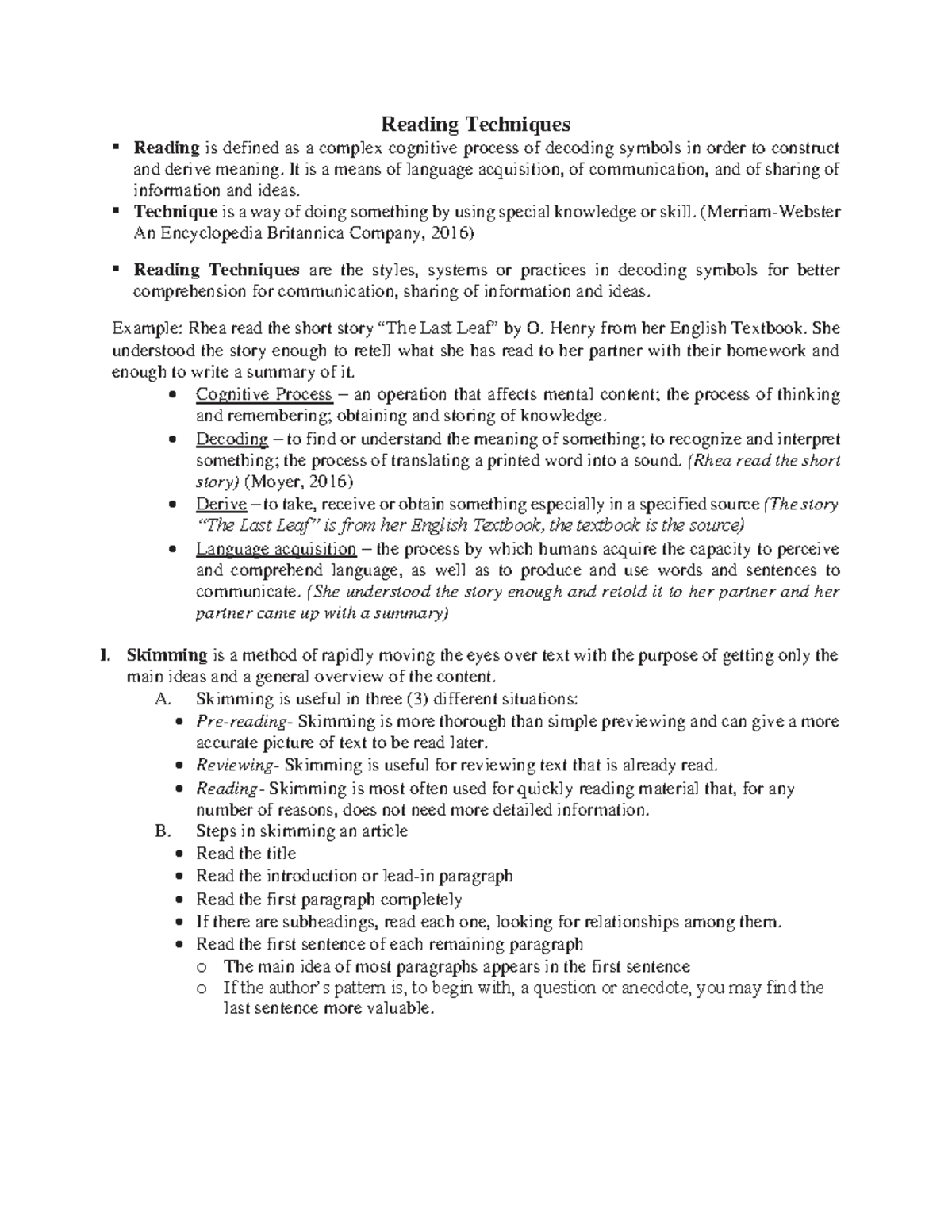 Reading Techniques - Reading Techniques Reading is defined as a complex ...