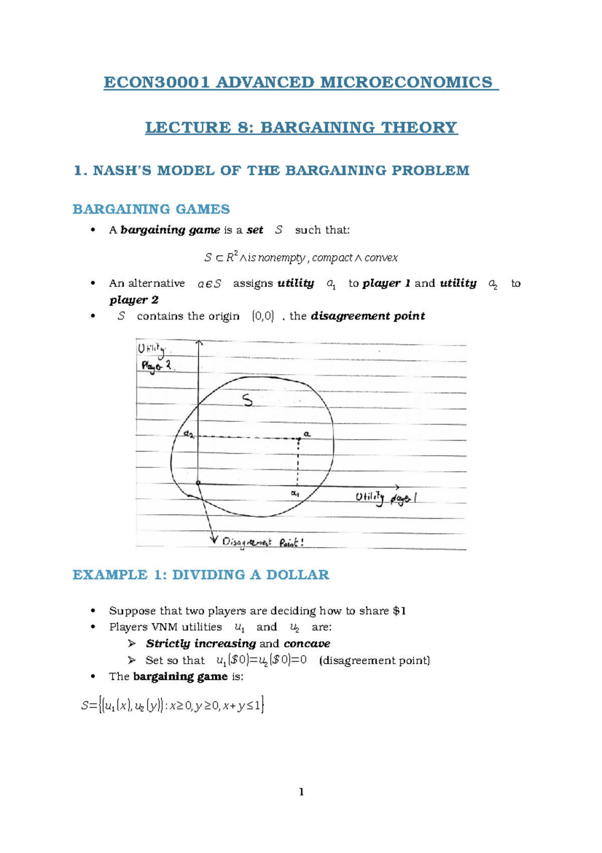 Bargaining Theory - Lecture notes 8 - ECON30001 ADVANCED MICROECONOMICS ...
