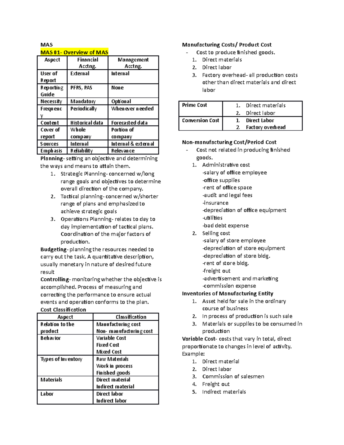 MAS Review Lecture - MAS MAS 01- Overview of MAS Aspect Financial ...