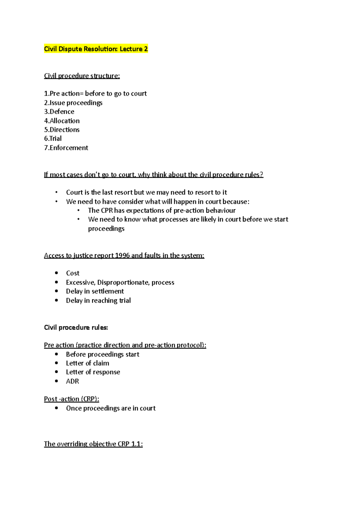 CDR Lecture 2 - notes - Civil Dispute Resolution: Lecture 2 Civil ...