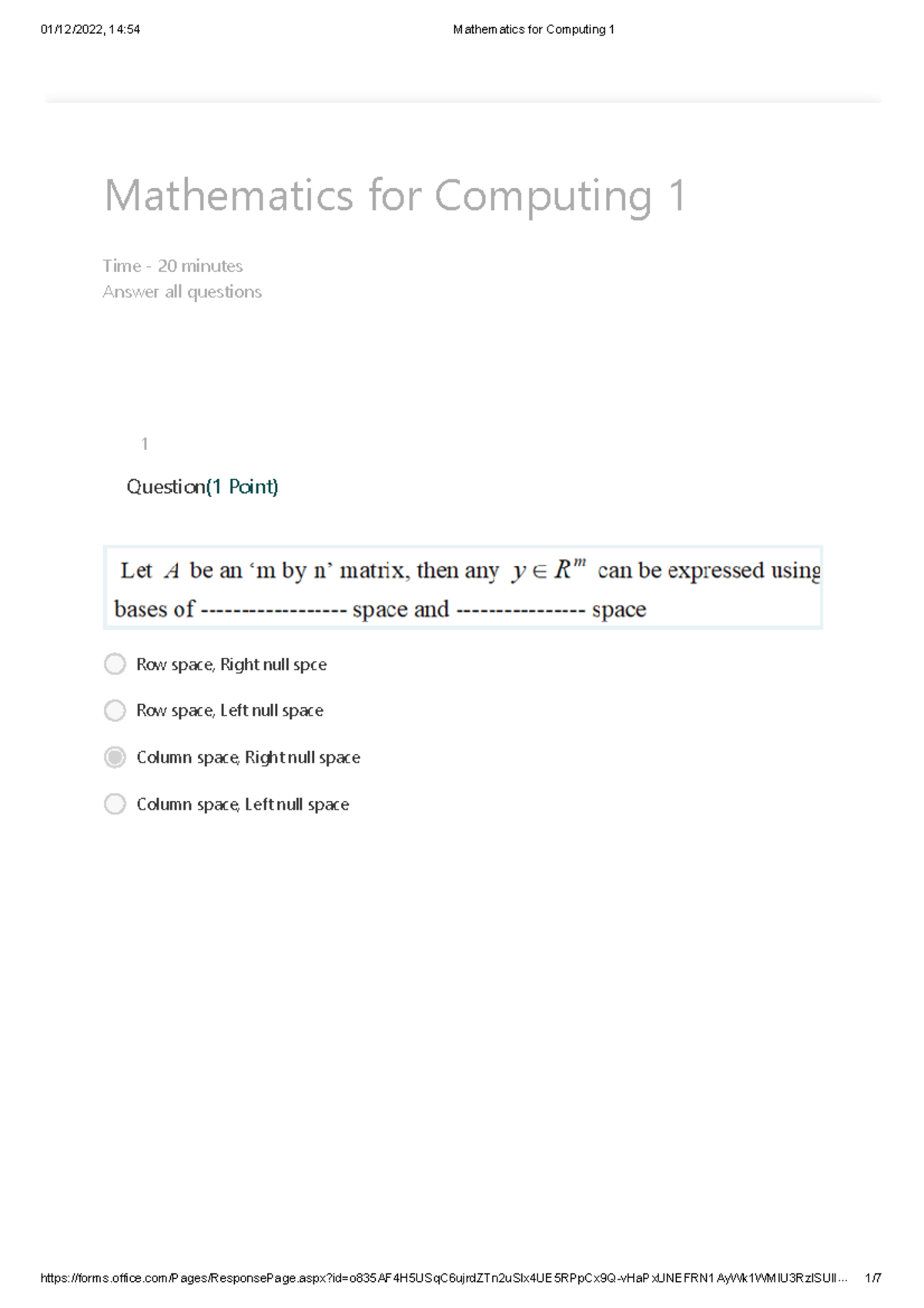 Mathematics for Computing 1 - Null space of a matrix is a vector space 2. The dot product w · v ...