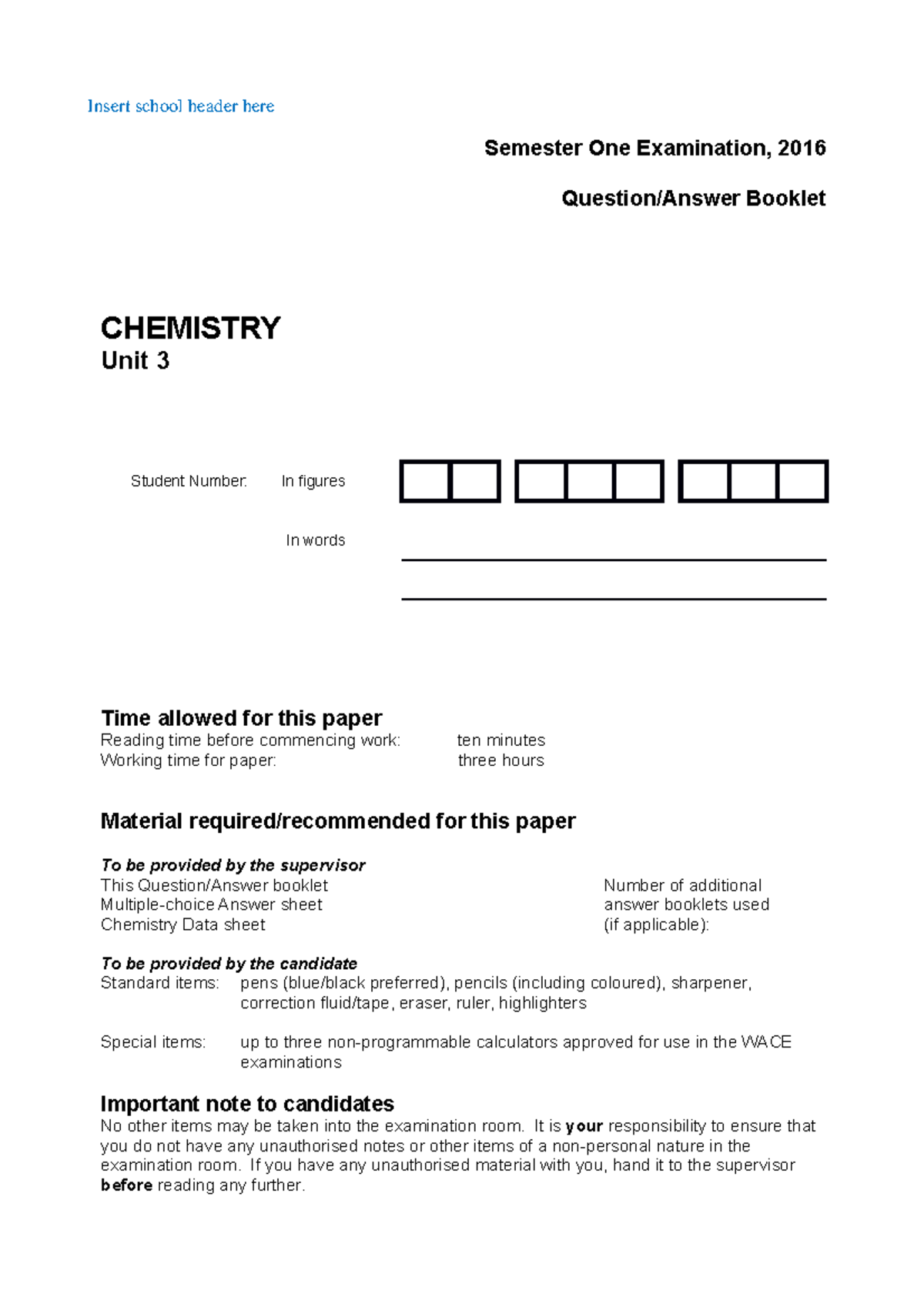 2016 - chemistry worksheet and notes - Semester One Examination, 2016 ...