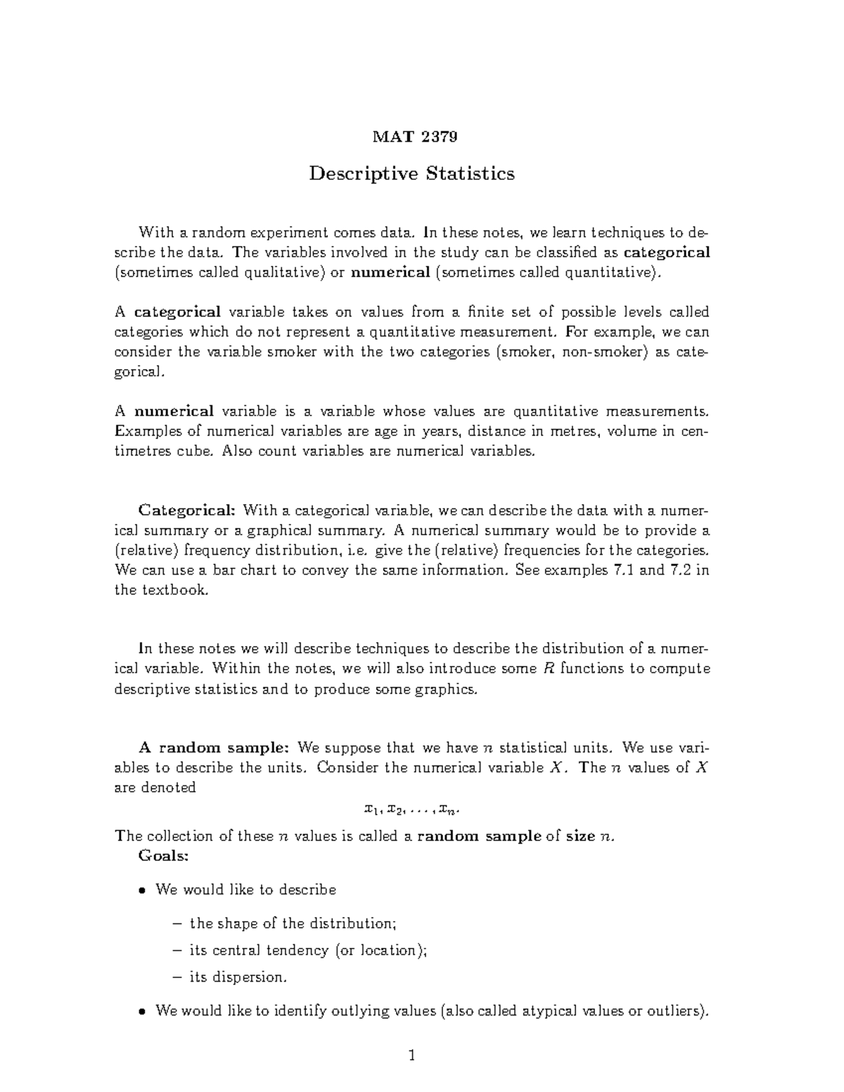 Descriptive Statistics - MAT 2379 Descriptive Statistics With a random ...