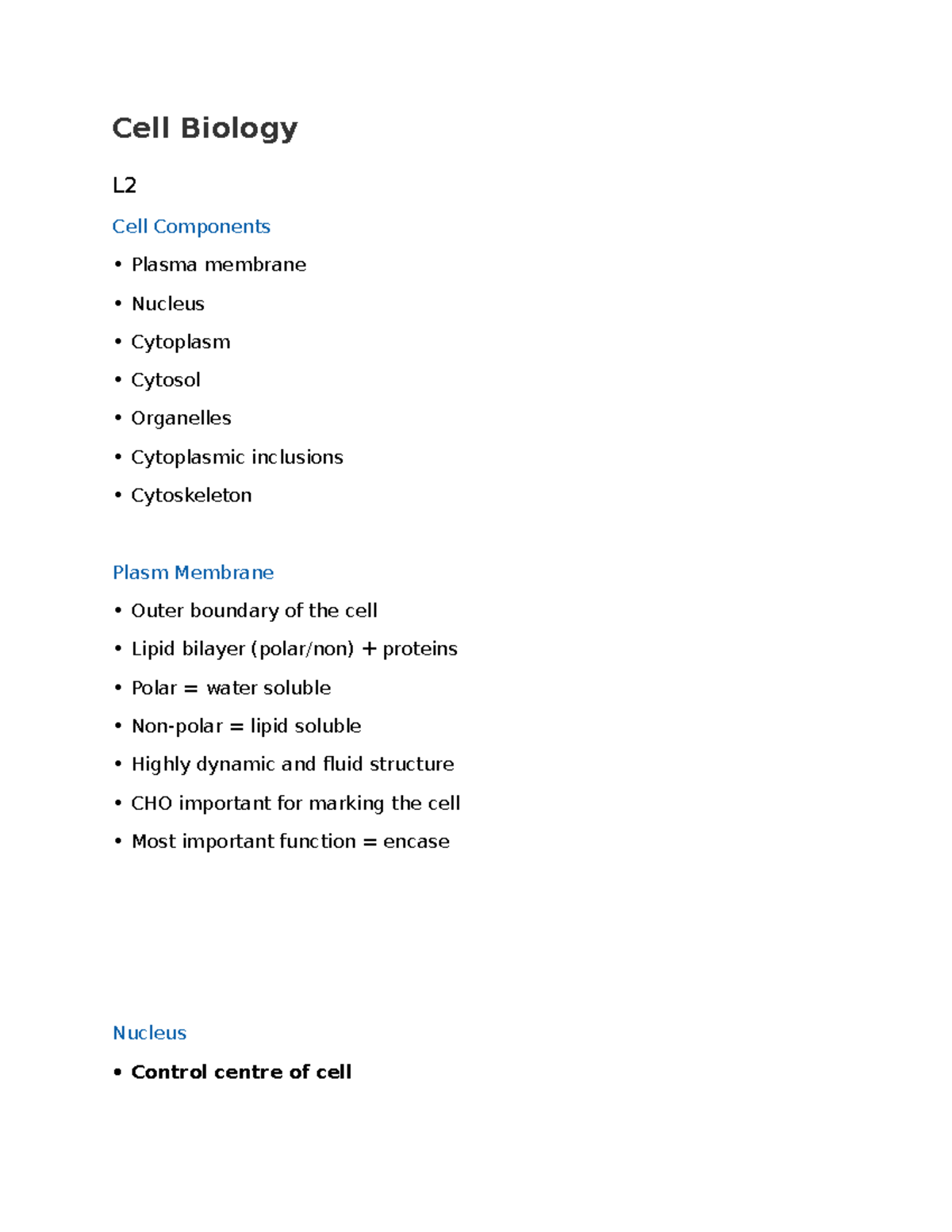 Cell Biology - Lecture notes 1,2,3 - Cell Biology L Cell Components ...
