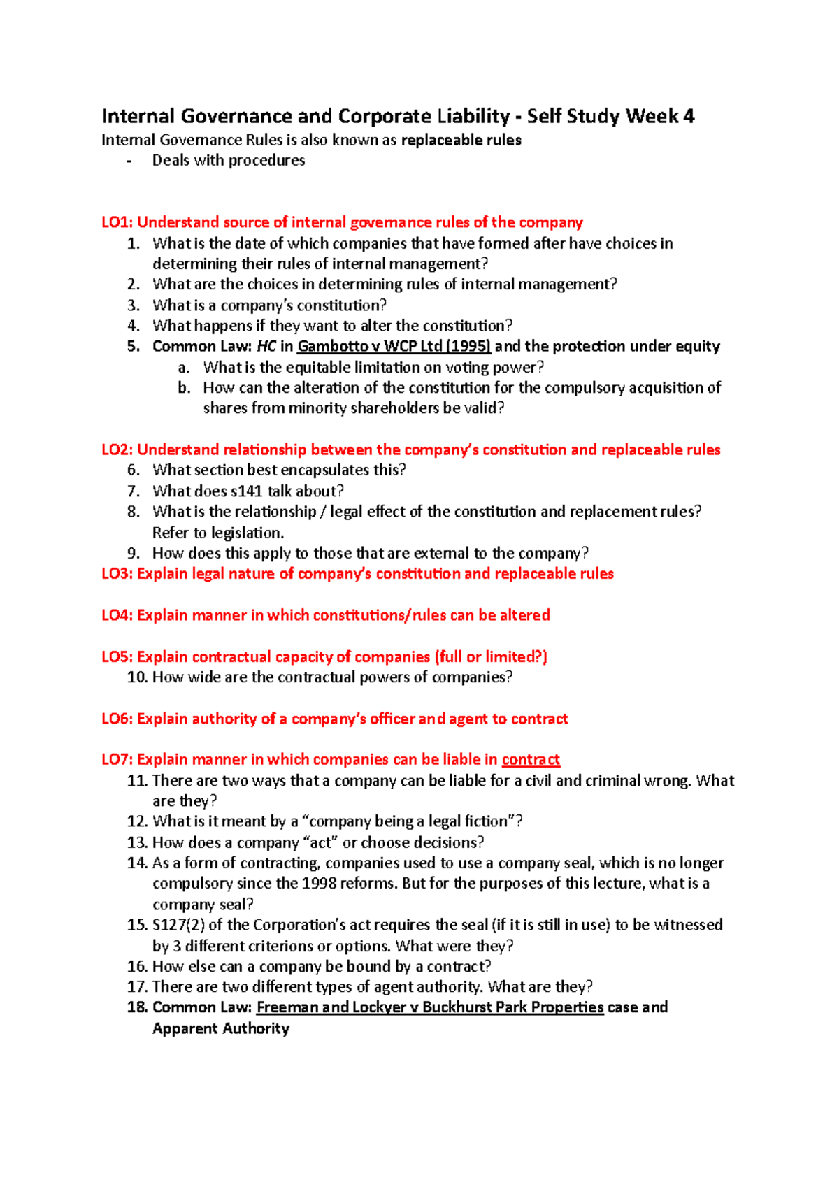 Week 4 Self Study - Internal Governance and Corporate Liability - Internal Governance and ...