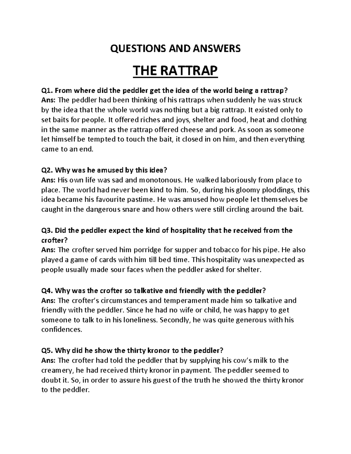 Question AND ANS - asas - QUESTIONS AND ANSWERS THE RATTRAP Q1. From ...