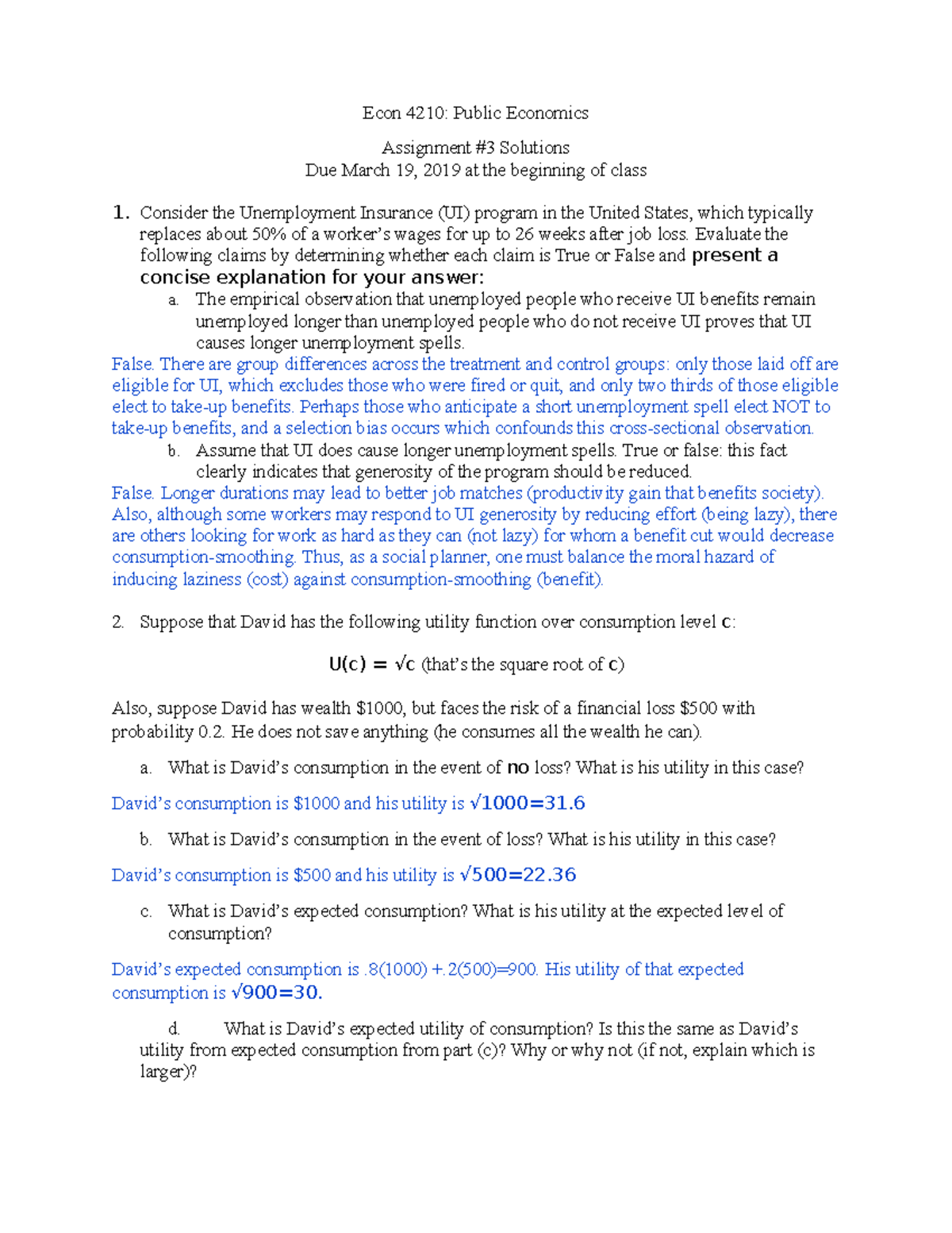 Assignment 3 Solutions - Econ 4210: Public Economics Assignment #3 ...