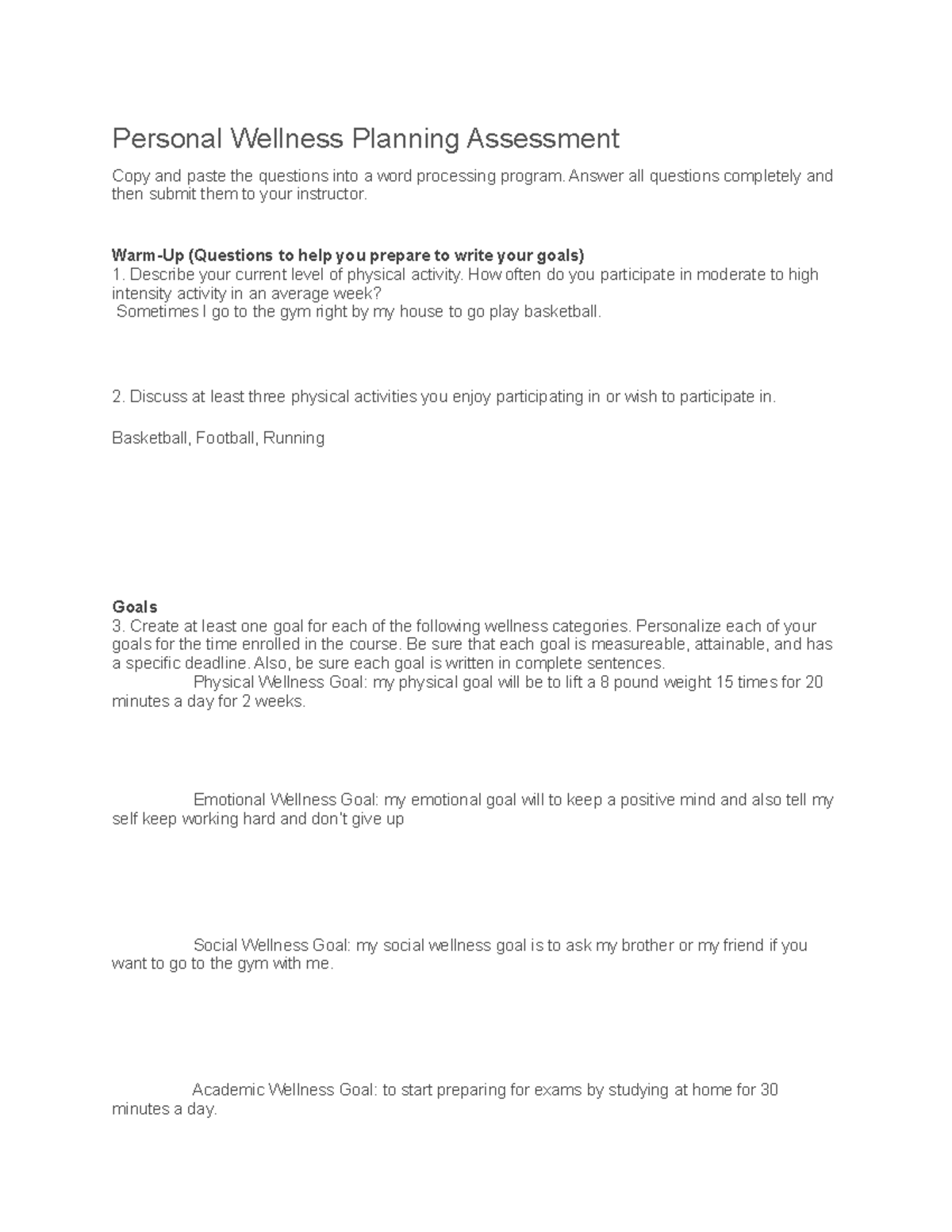 Personal Wellness Planning Assessment 105 - Personal Wellness Planning ...