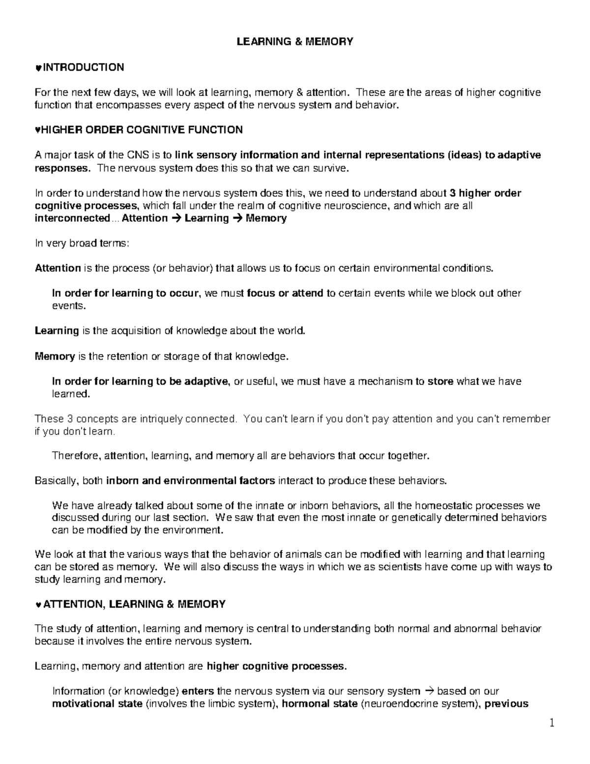 Learning & Memory Notes - LEARNING & MEMORY INTRODUCTION For the next ...