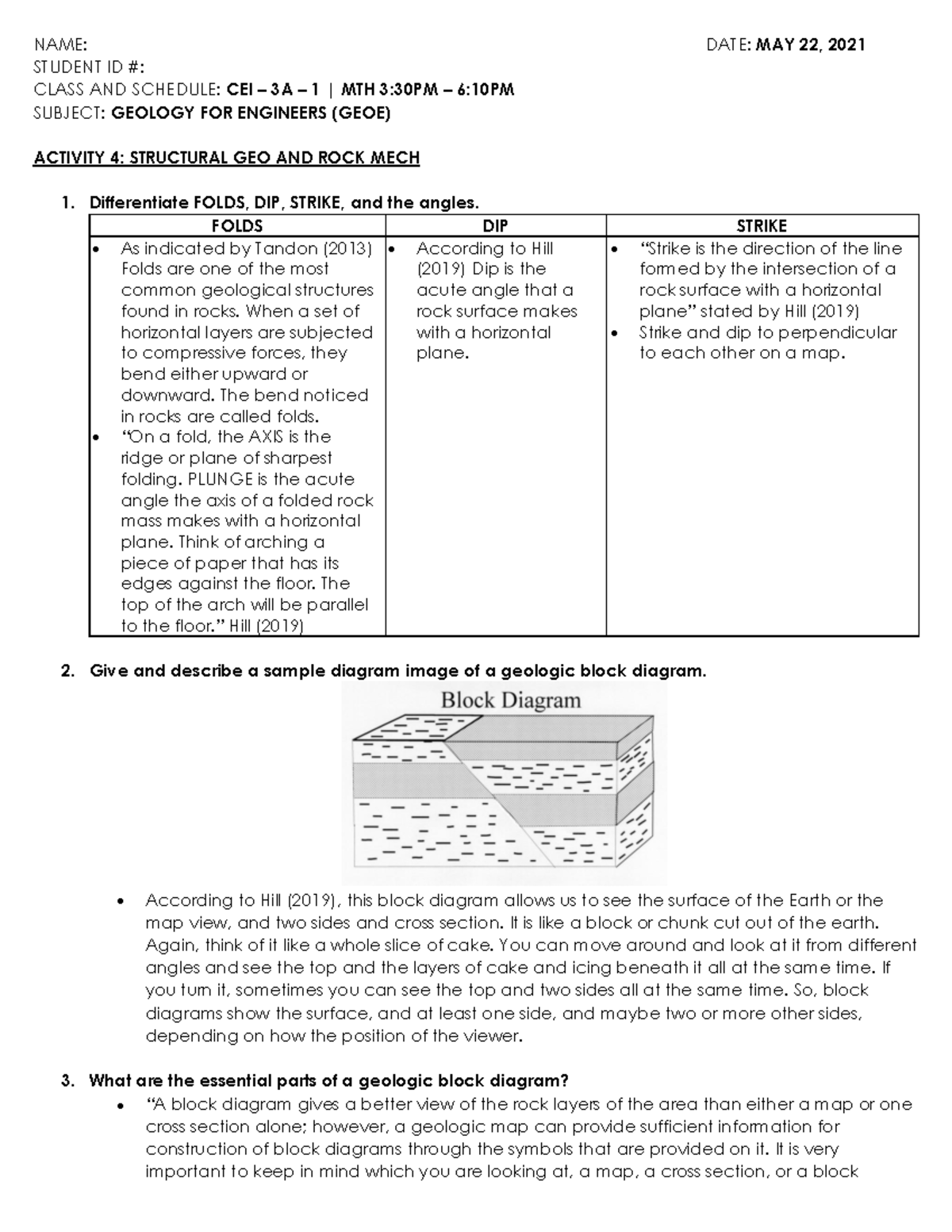 ACTIVITY 4: STRUCTURAL GEO AND ROCK MECH - NAME: DATE: MAY 22, 2021 ...