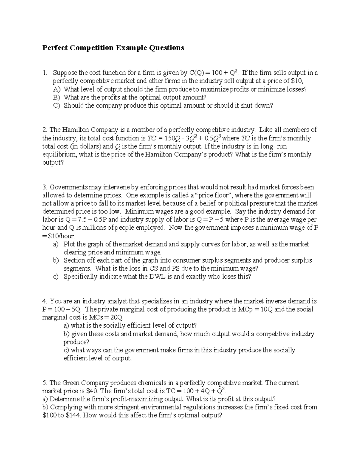 Perf comp examples - Perfect Competition Example Questions Suppose the ...