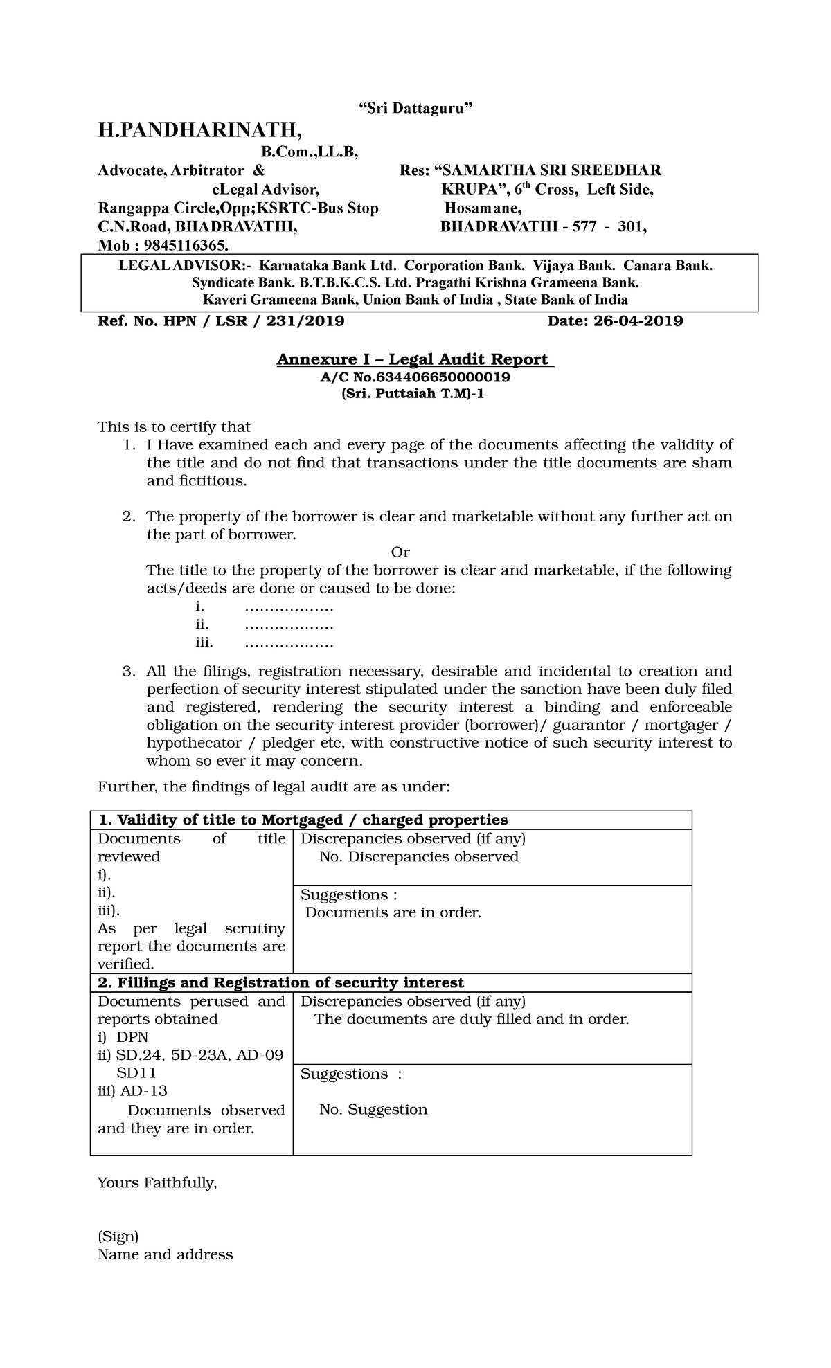 Annexure-Legal Audit Report Format - “Sri Dattaguru” H, B.,LL, Advocate ...