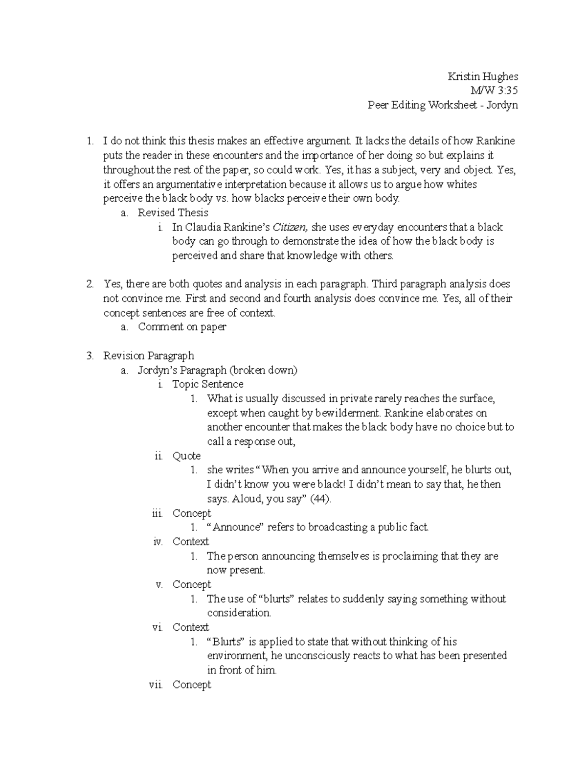Peer Editing Workshop - Kristin Hughes M/W 3: Peer Editing Worksheet ...