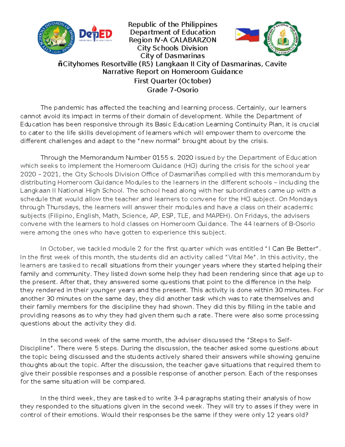 Narrative report on HG - MIS and BEIS Republic of the Philippines ...