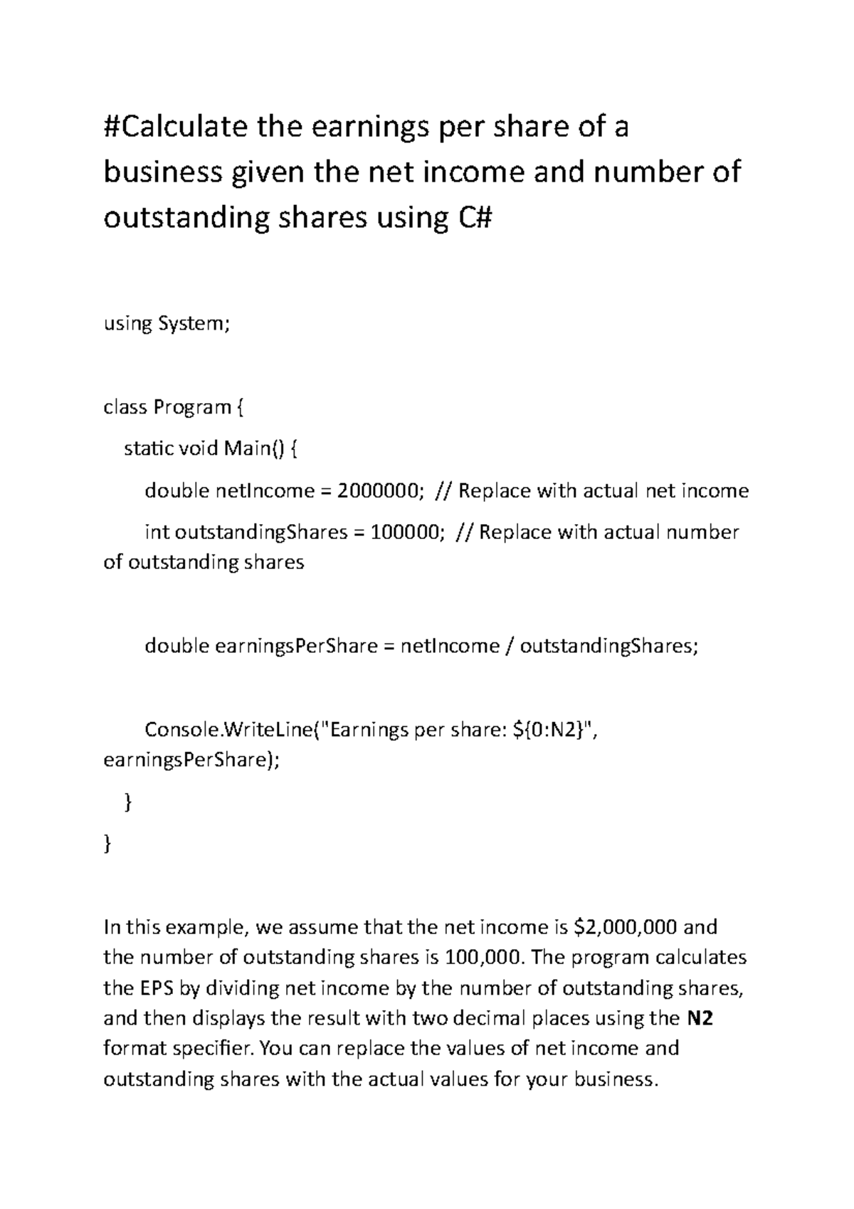 Income and number of outstanding shares using C# - #Calculate the ...