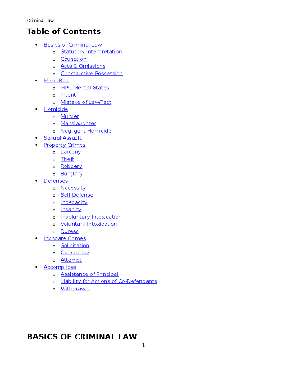 Criminal Law Outline - Table of Contents Basics of Criminal Law o ...